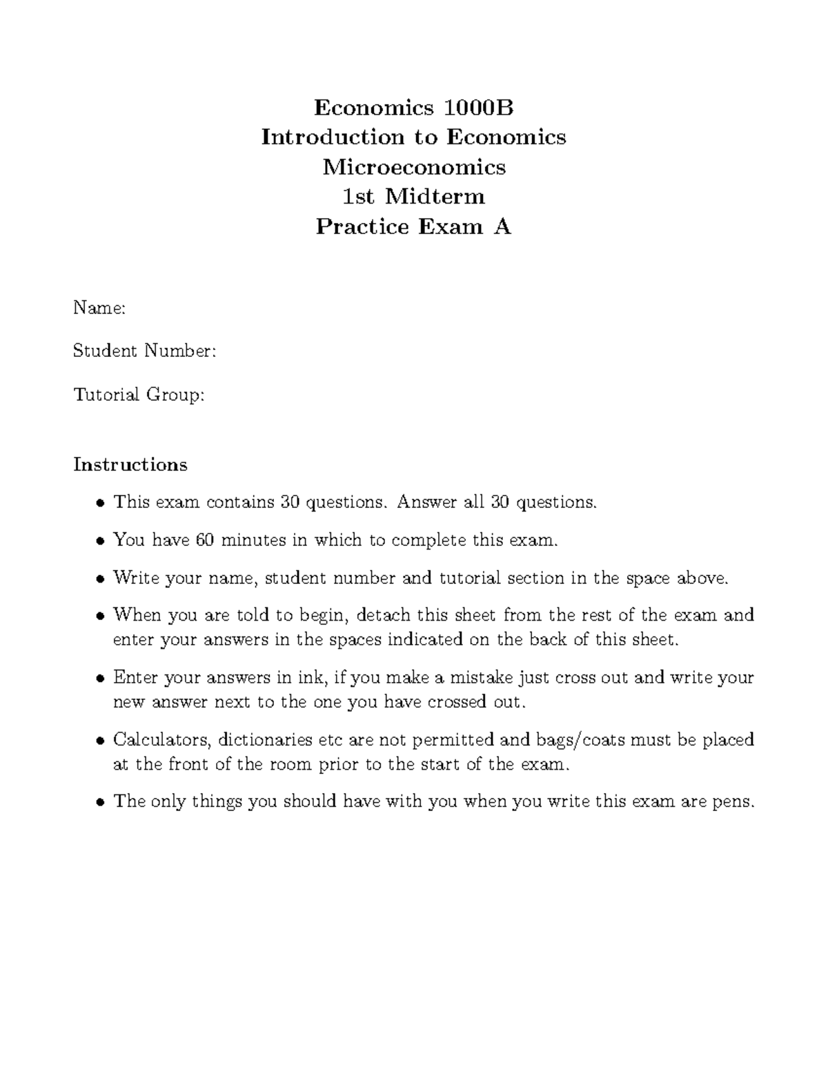 Exam A - hmmmmm - Economics 1000B Introduction to Economics ...
