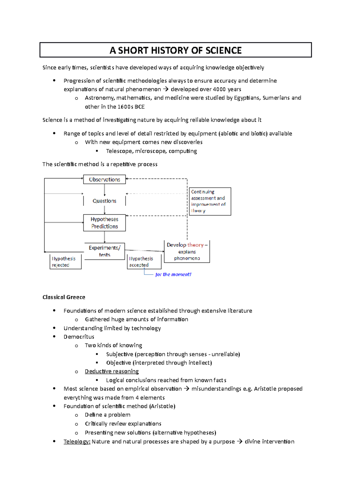 Lecture notes, all notes for the subject - A SHORT HISTORY OF SCIENCE ...