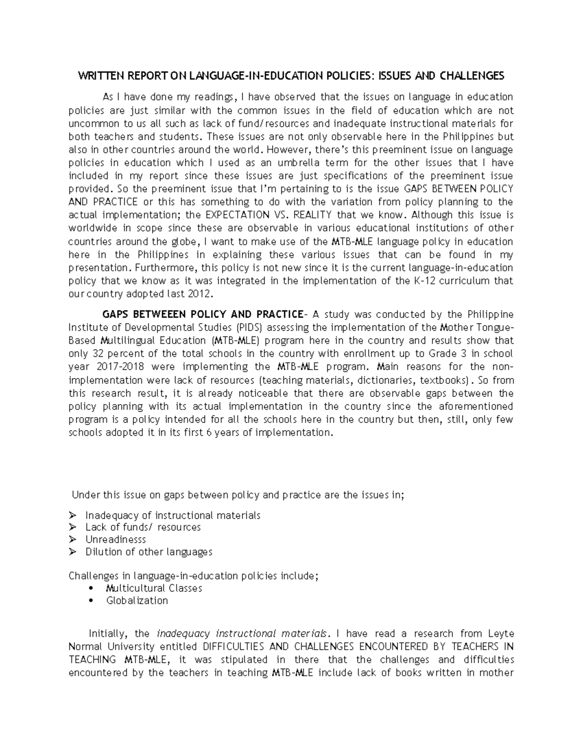Written Report Delizon, CM - WRITTEN REPORT ON LANGUAGE-IN-EDUCATION ...