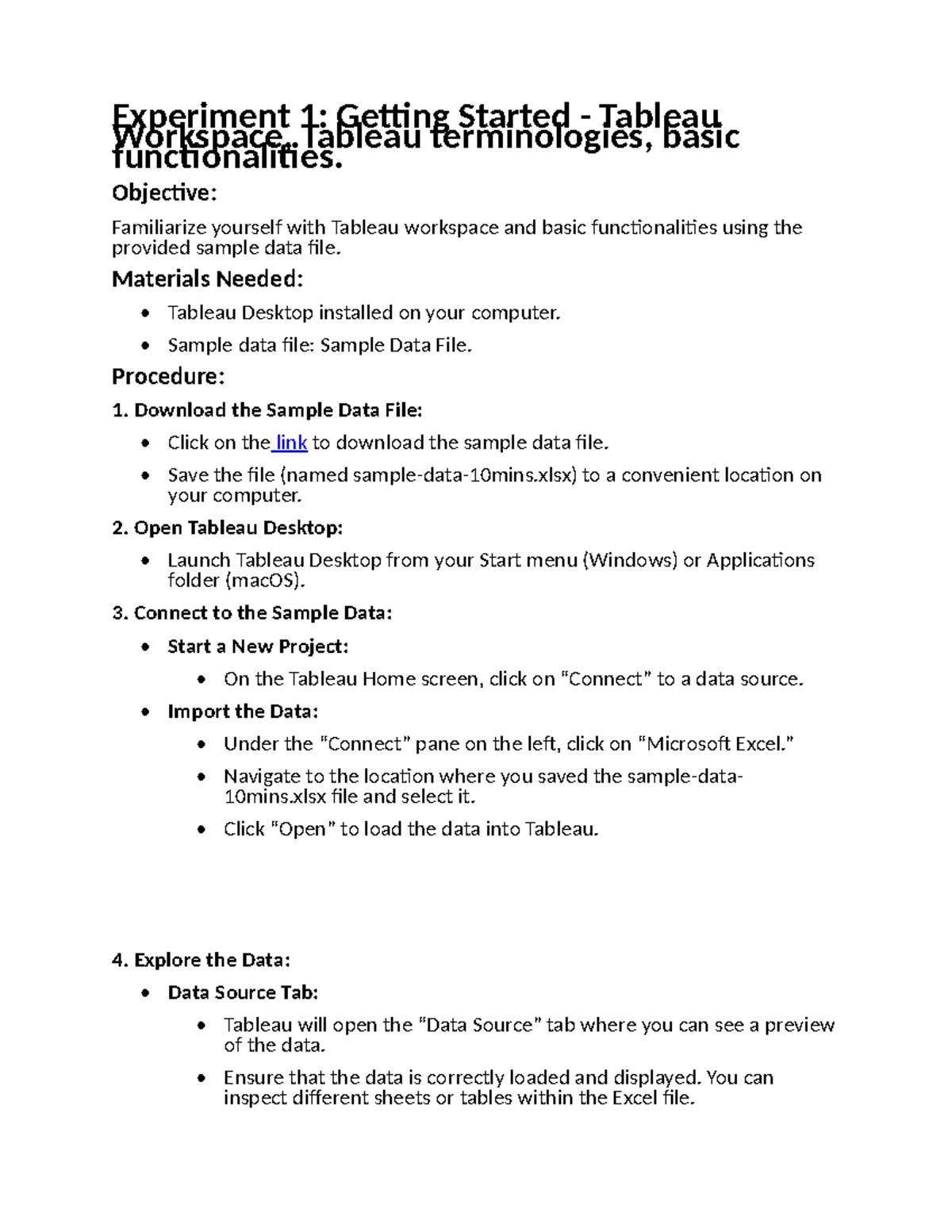 Data visualisation lab - Experiment 1: Getting Started - Tableau Workspace, Tableau ...