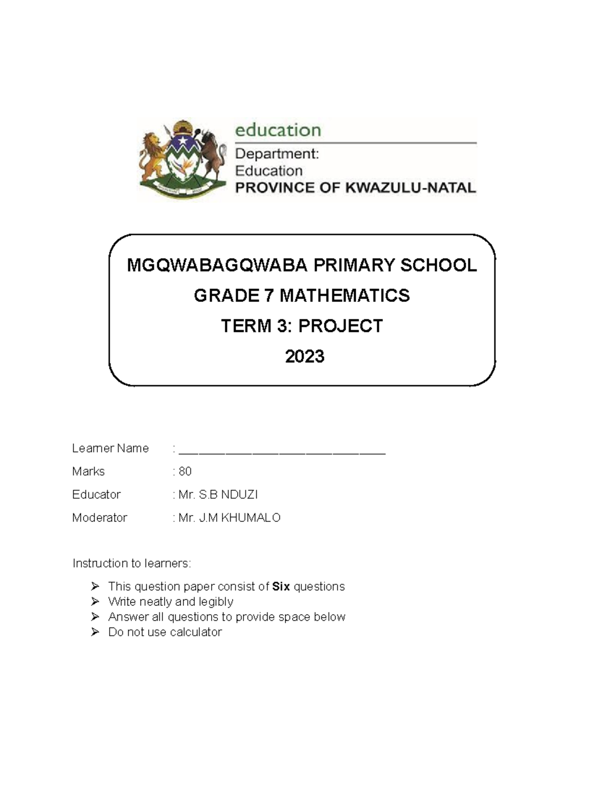 Maths 7 Project - ASSIGNMENT - Learner Name ...