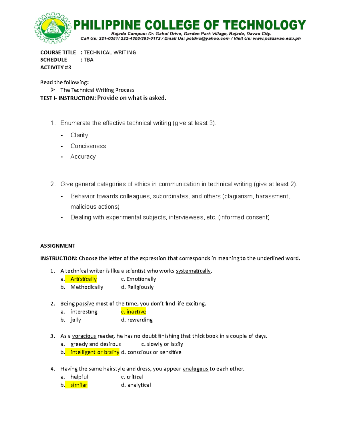 ELT 9 Technical Writing Activity 3 - COURSE TITLE: TECHNICAL WRITING ...