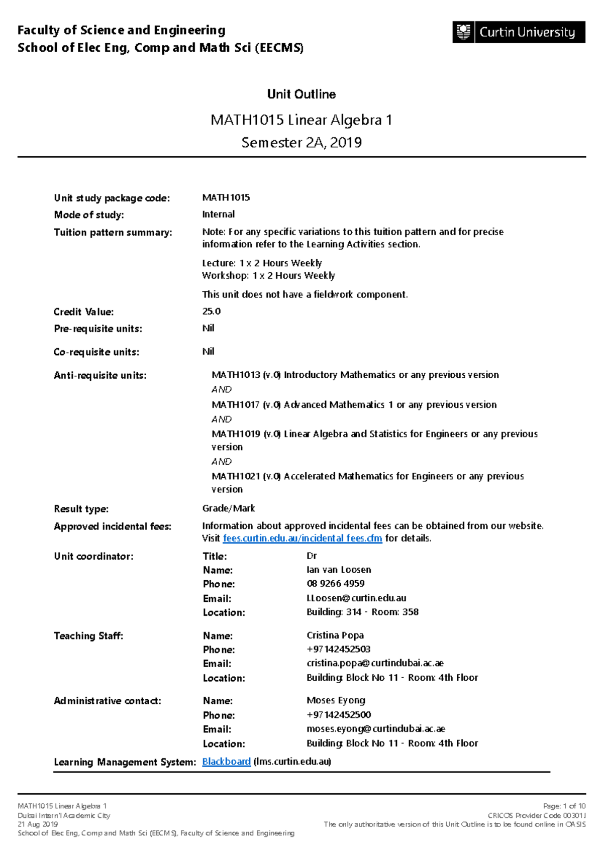 MATH1015 Linear Algebra 1 Semester 2A 2019 Dubai Intern'l Academic City INT - Unit study package ...