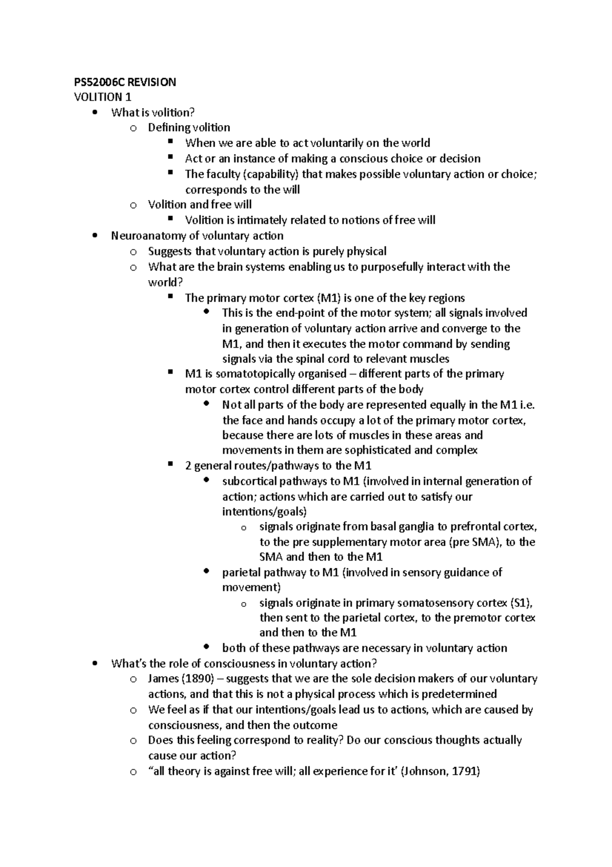 PS52006 C Revision - Lecture notes 1-4 - PS52006C REVISION VOLITION 1 ...