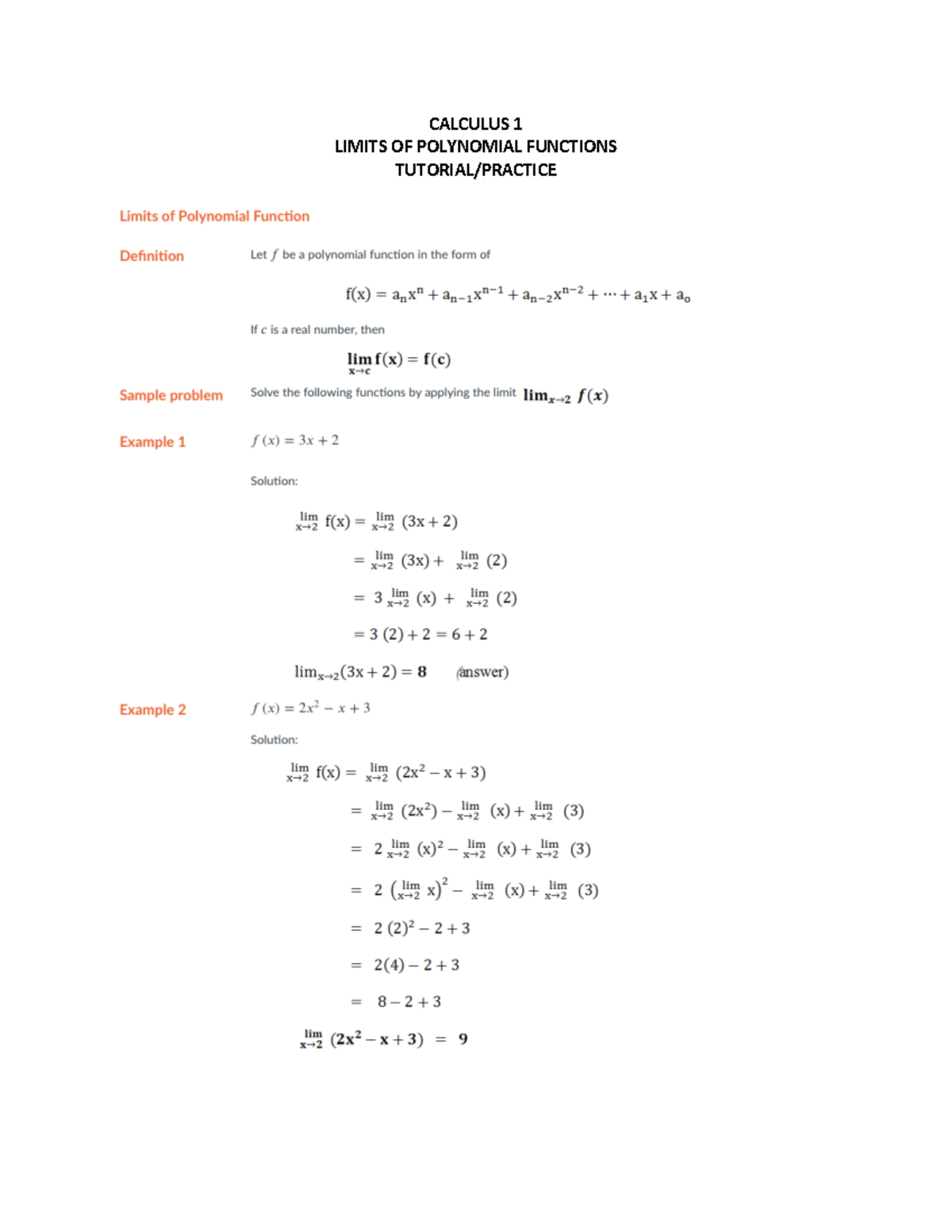 Calculus 1 (Limits OF Polynomial Functions) - Calculus 1 - CALCULUS 1 ...