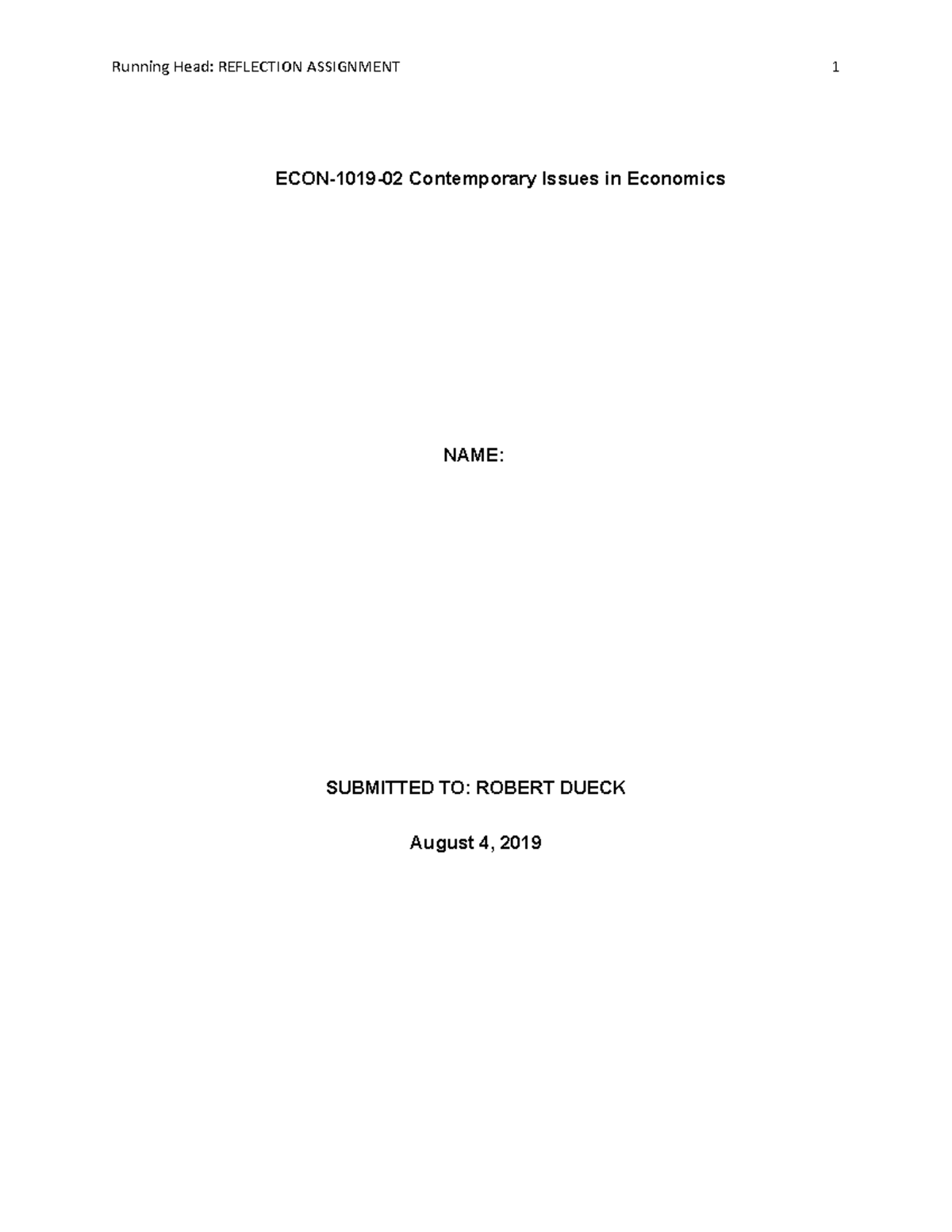 ECON Refction 2 - Reflection (macro) - Running Head: REFLECTION ...