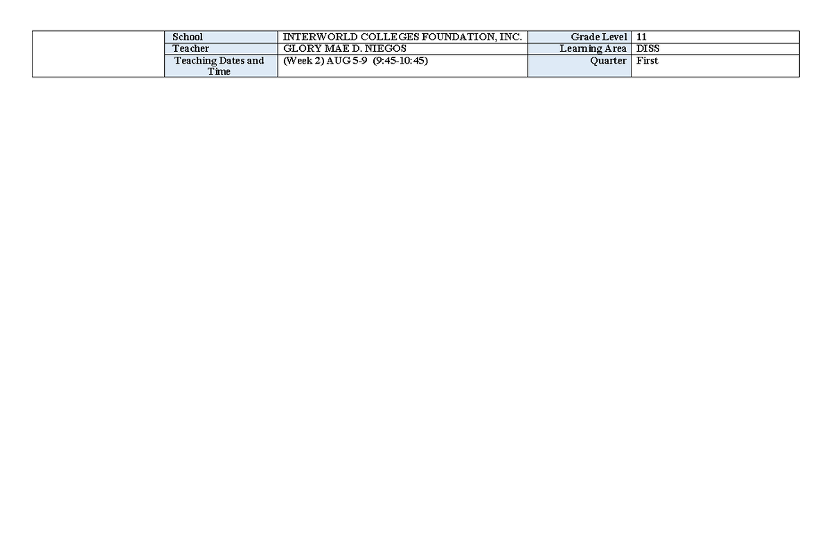 DISS DLL WEEK 2 - DISS DLL WEEK 2 - School INTERWORLD COLLEGES ...