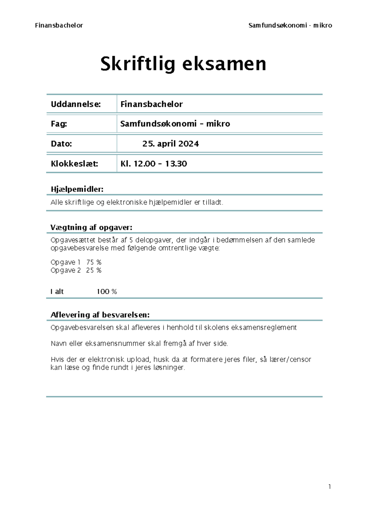 Prøveeksamen Mikroeksamen 25.april 2024 - Finansbachelor Samfundsøkonomi - mikro 1 Skriftlig ...