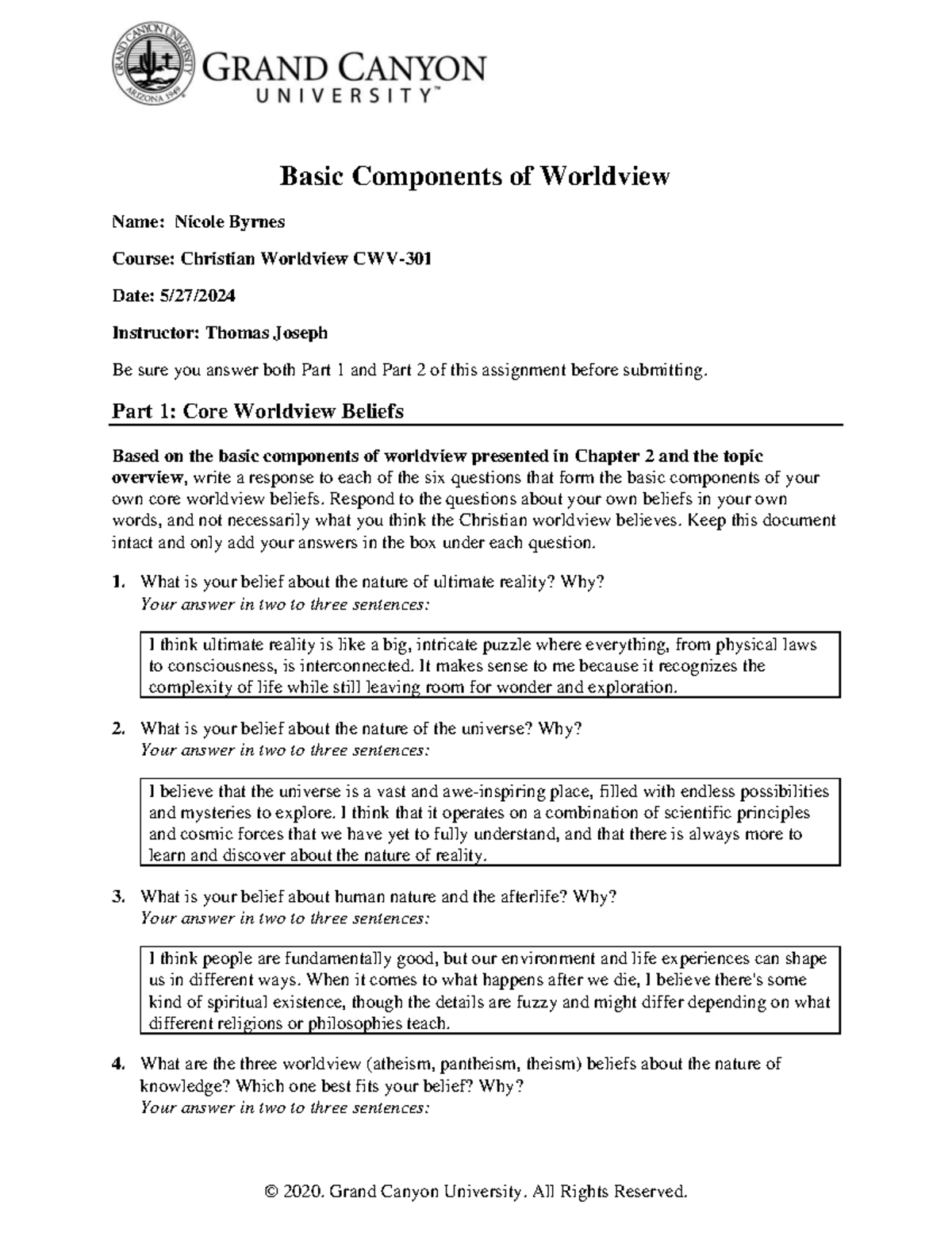 CWV 101 301 RS T1Basic Components Of Worldview - © 2020. Grand Canyon University. All Rights ...