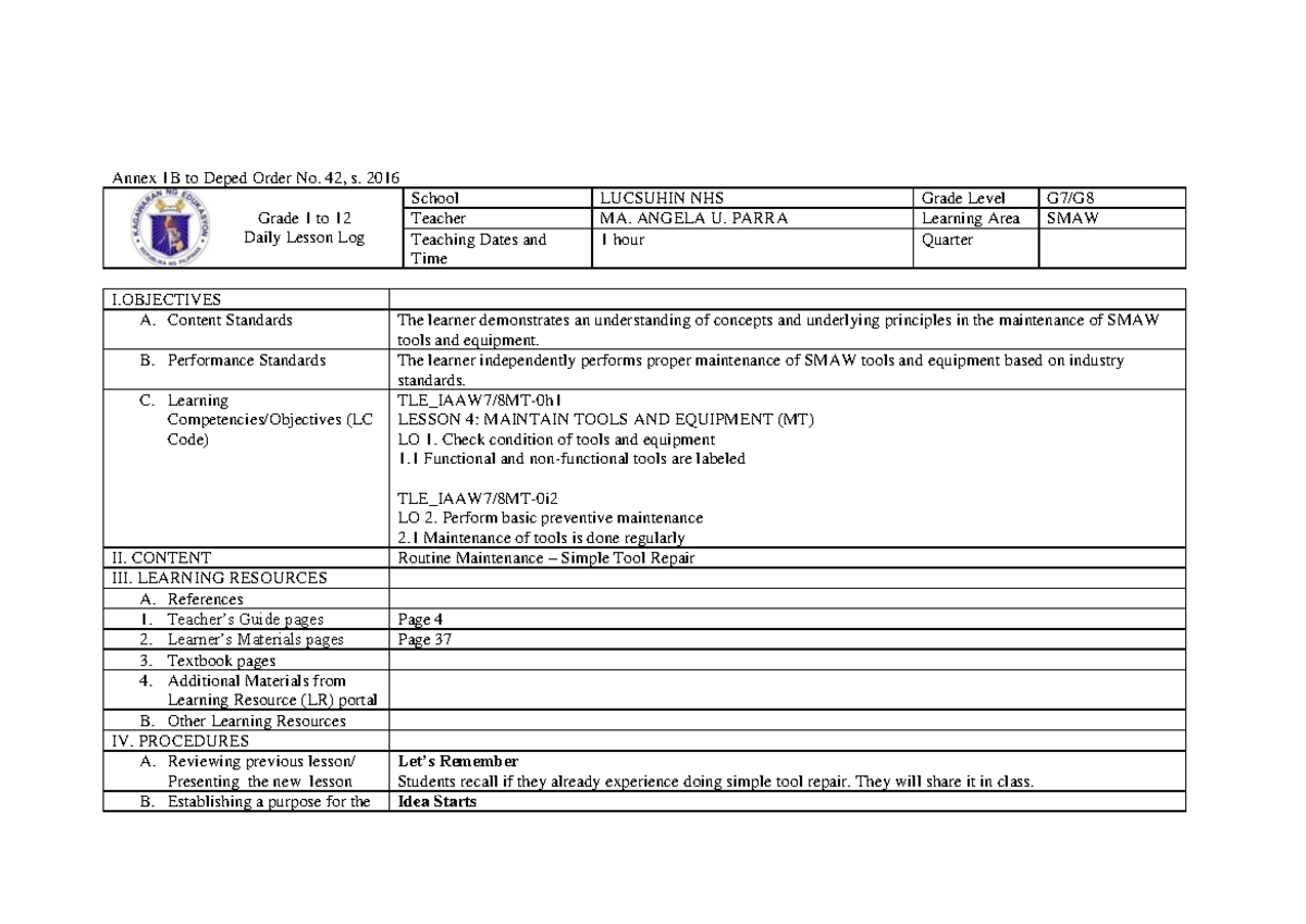 3. Simple Tool Repair - dll - Annex 1B to Deped Order No. 42, s. 2016 ...