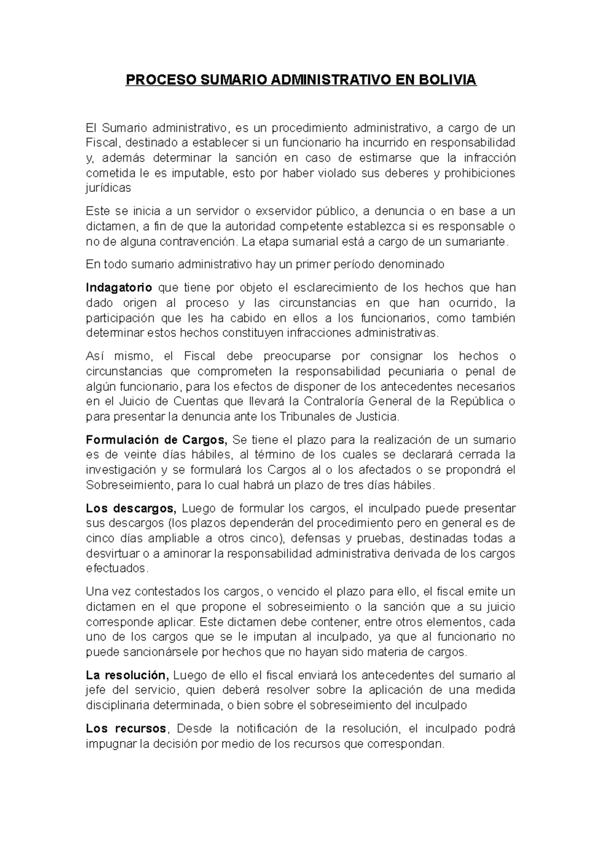 Procesal - ensayo - PROCESO SUMARIO ADMINISTRATIVO EN BOLIVIA El ...