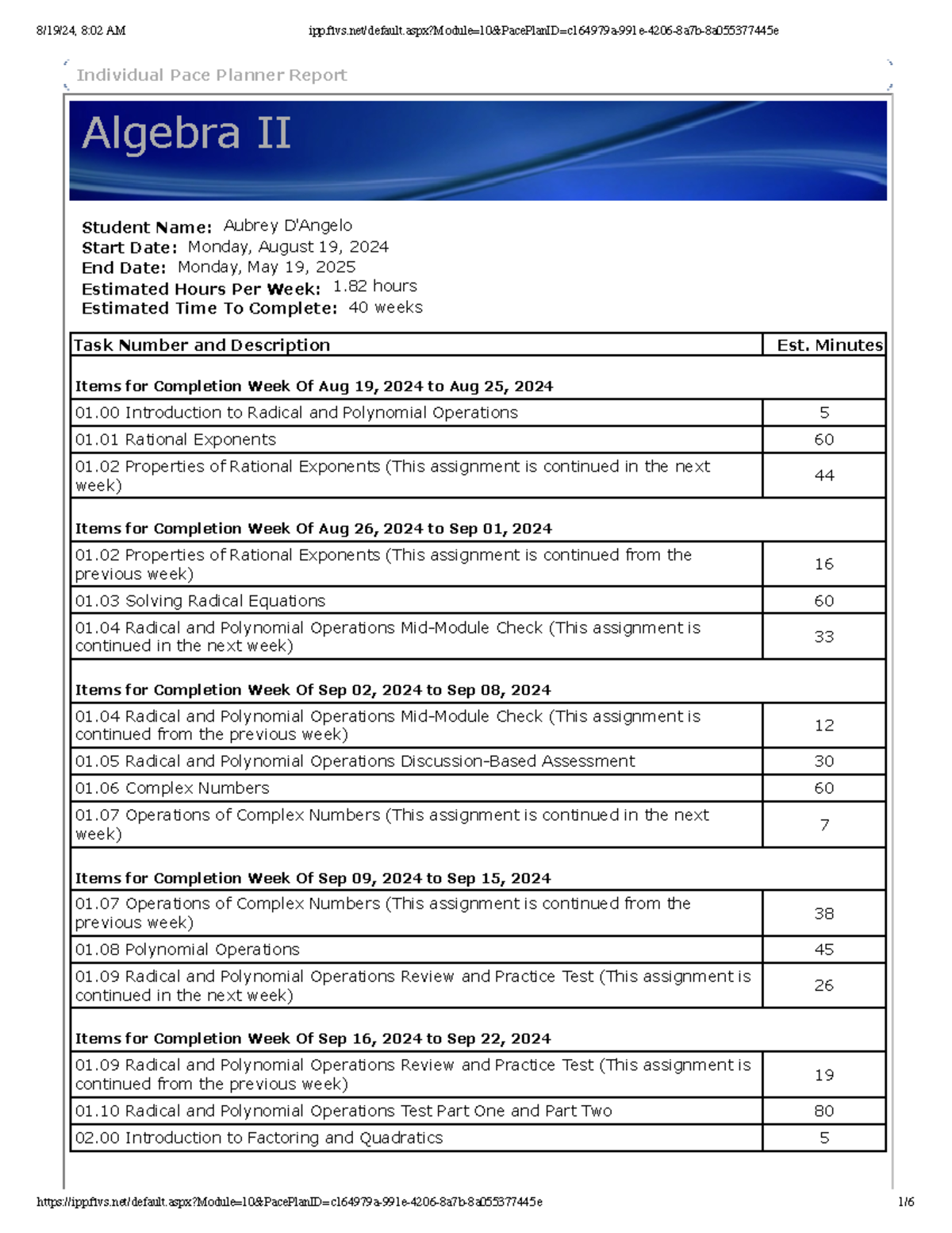 Algebra 2 pace guide - ............... - Individual Pace Planner Report ...