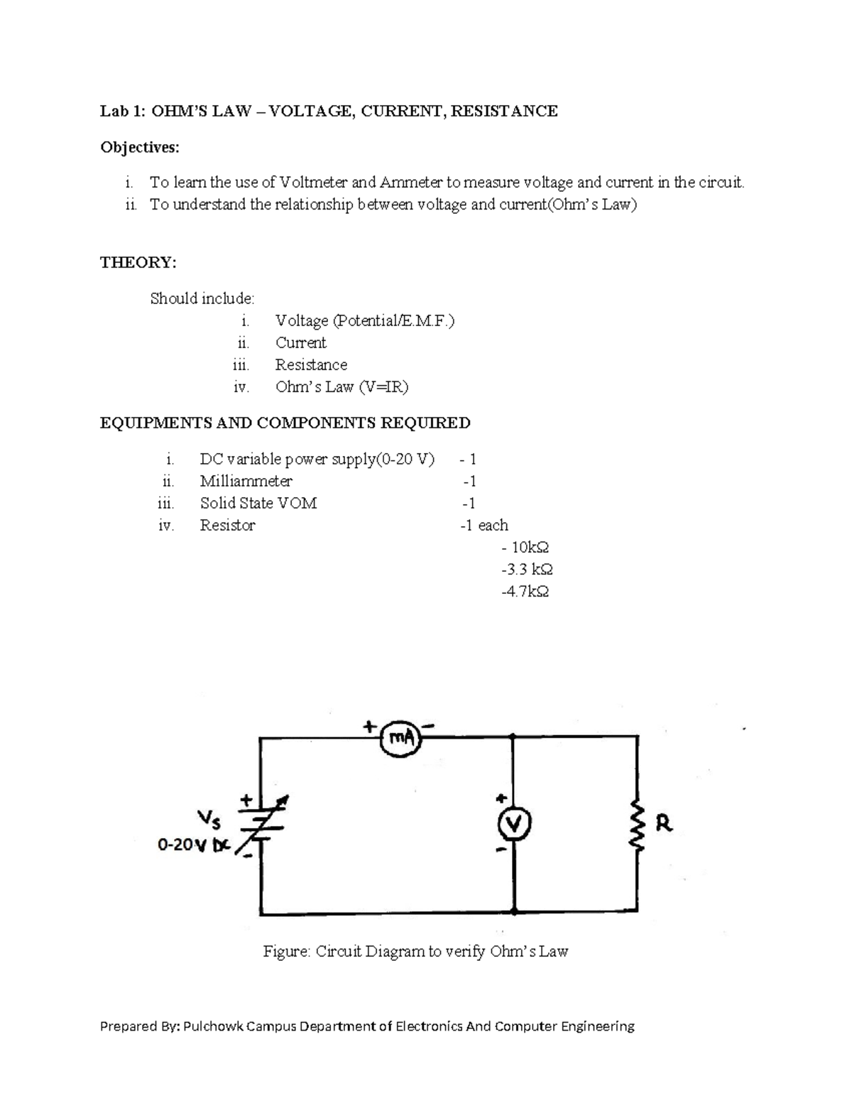 Edited - Lab 1: OHM’S LAW – VOLTAGE, CURRENT, RESISTANCE Objectives: i ...