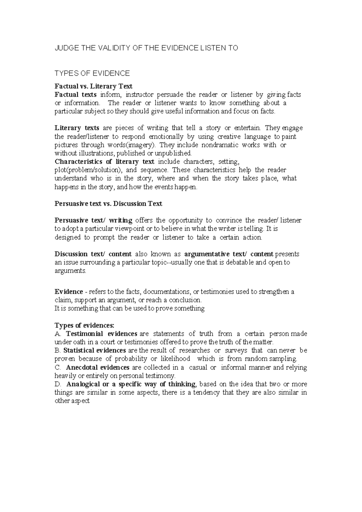 Judge THE Validity OF THE Evidence Listen TO - JUDGE THE VALIDITY OF ...