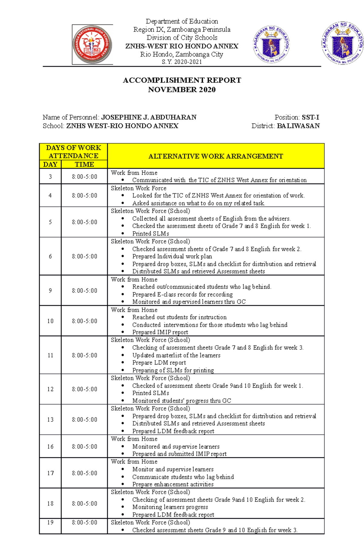 Accomplishment- Report November-2020 - Department of Education Region ...