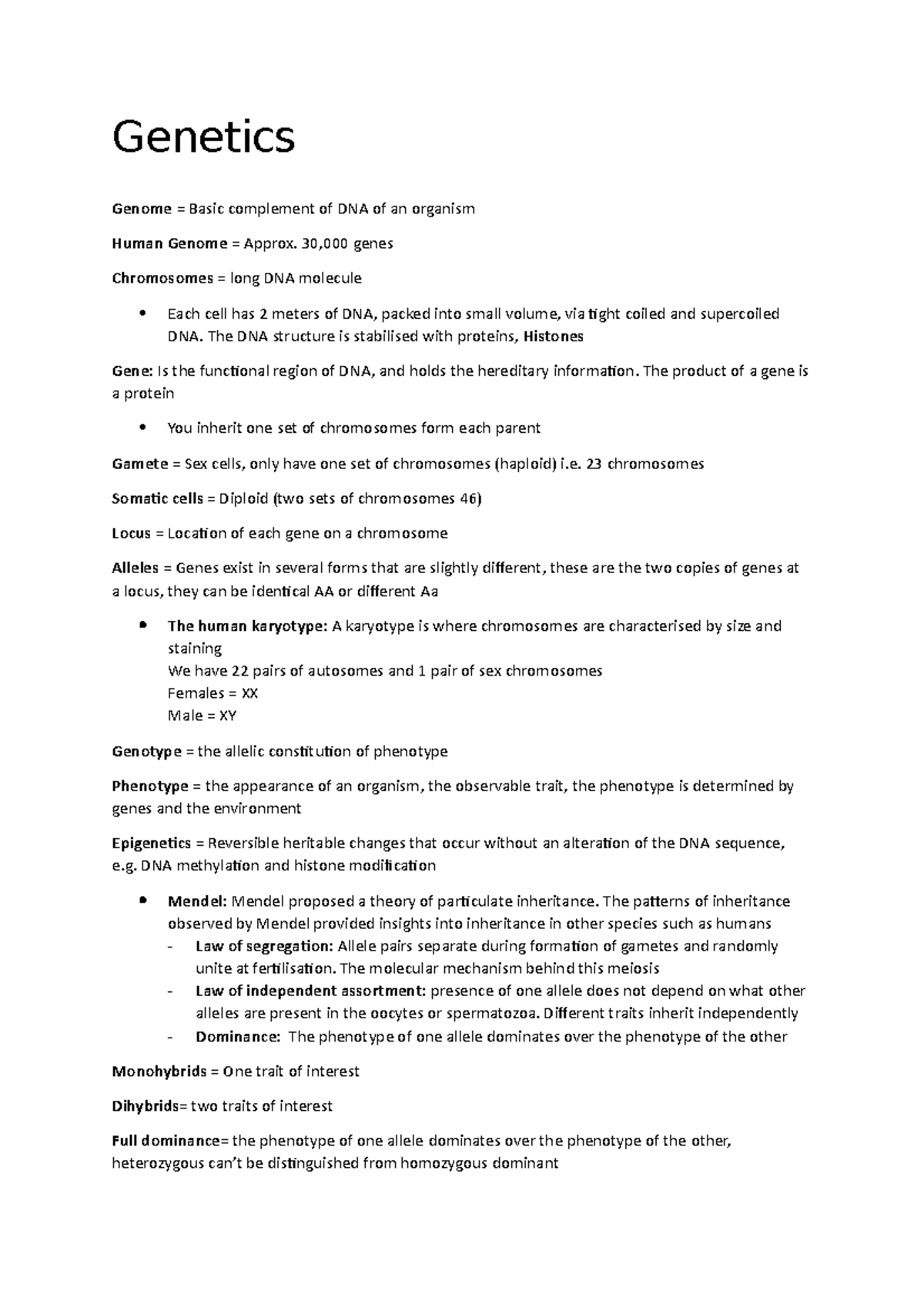 Genetics Summary - Genetics Genome Basic complement of DNA of an ...