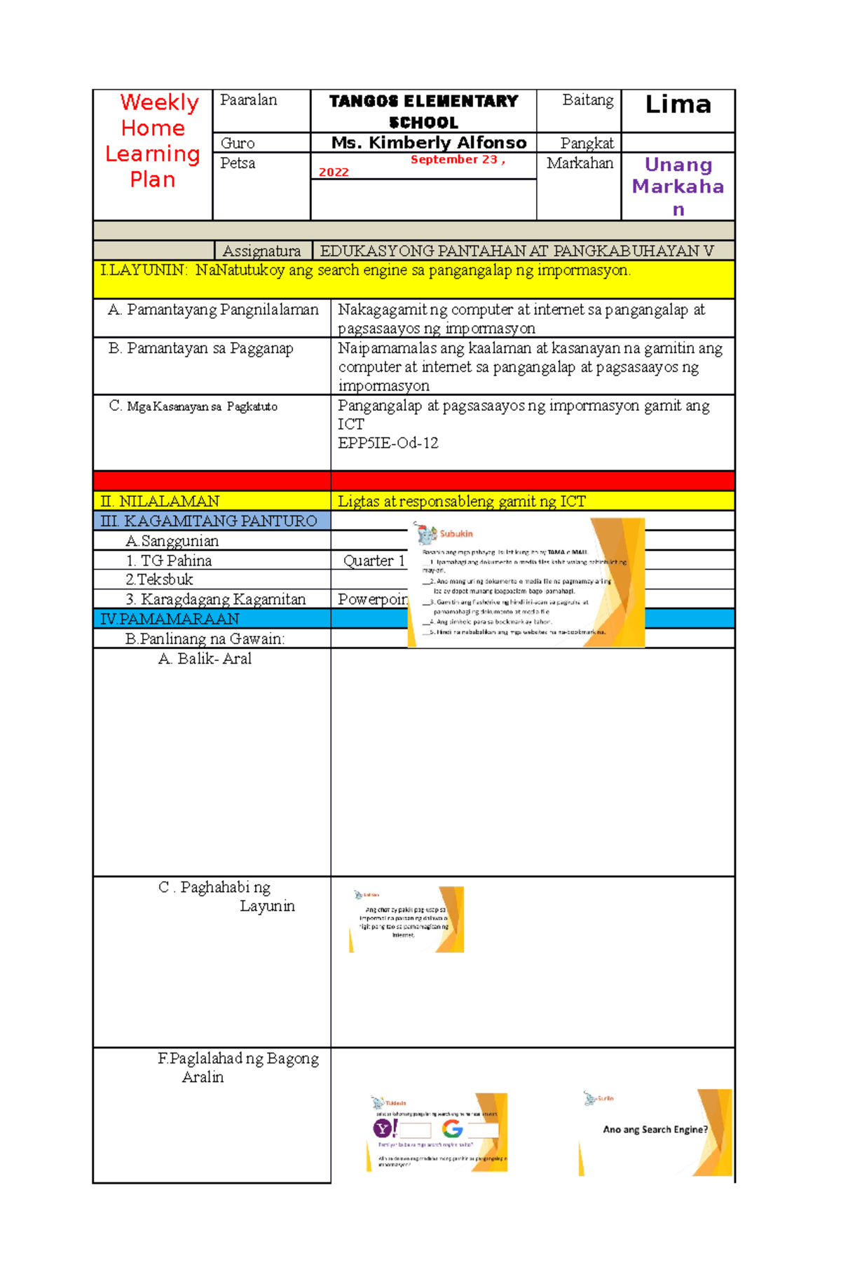 Epp 1st Q Lesson 12 Sept Bbbbbf Weekly Home Learning Plan Paaralan