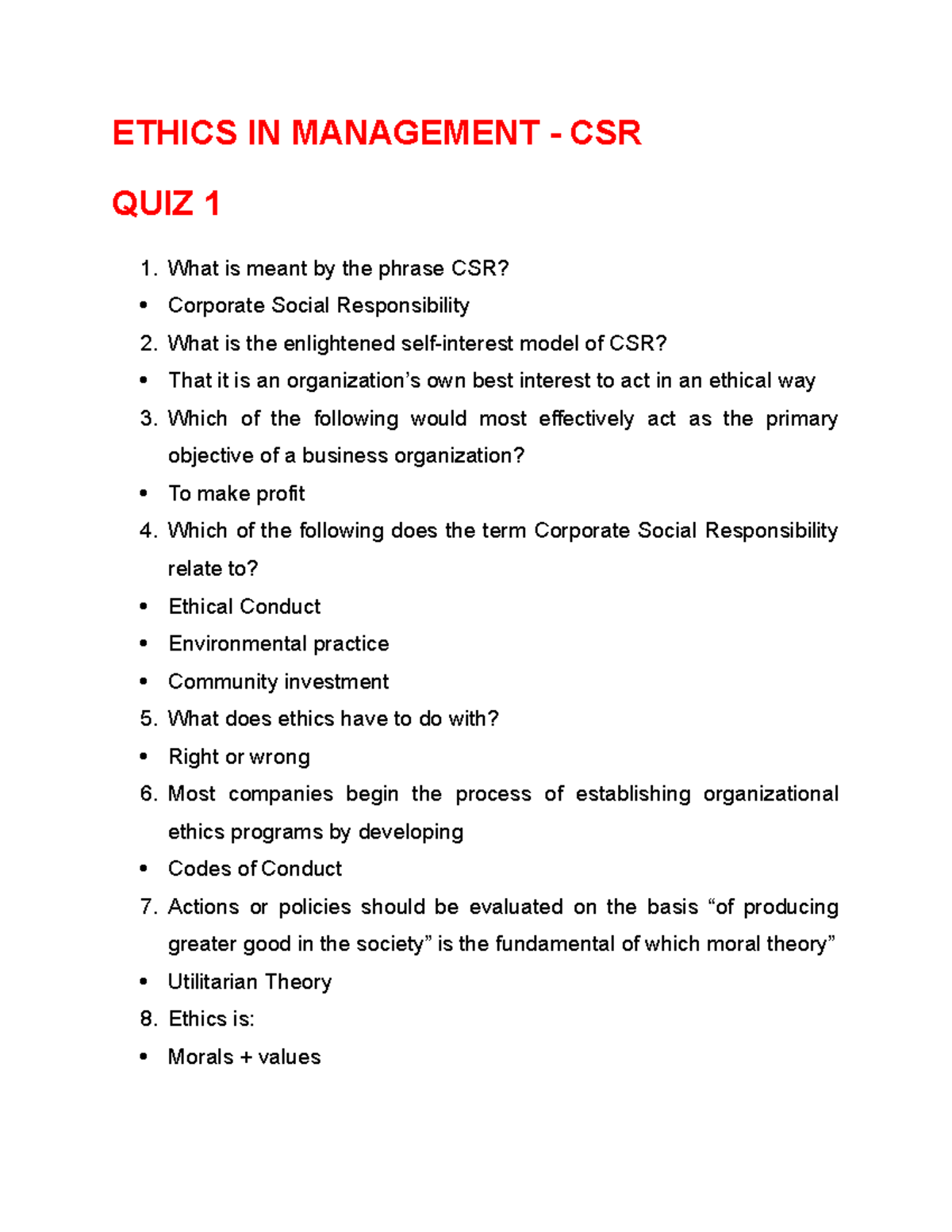 Ethics IN Management - QUIZ 1 & 2 - ETHICS IN MANAGEMENT - CSR QUIZ 1 ...