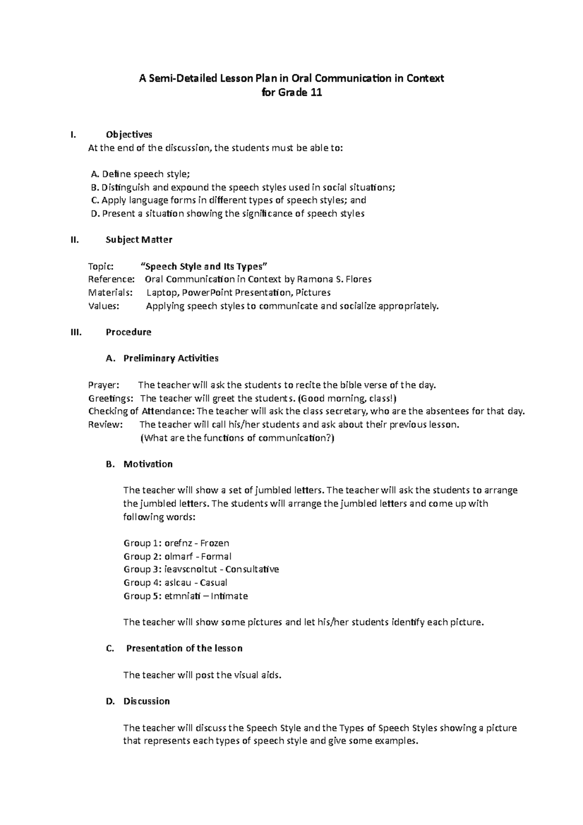 A semi detailed lp - A Semi-Detailed Lesson Plan in Oral Communication ...