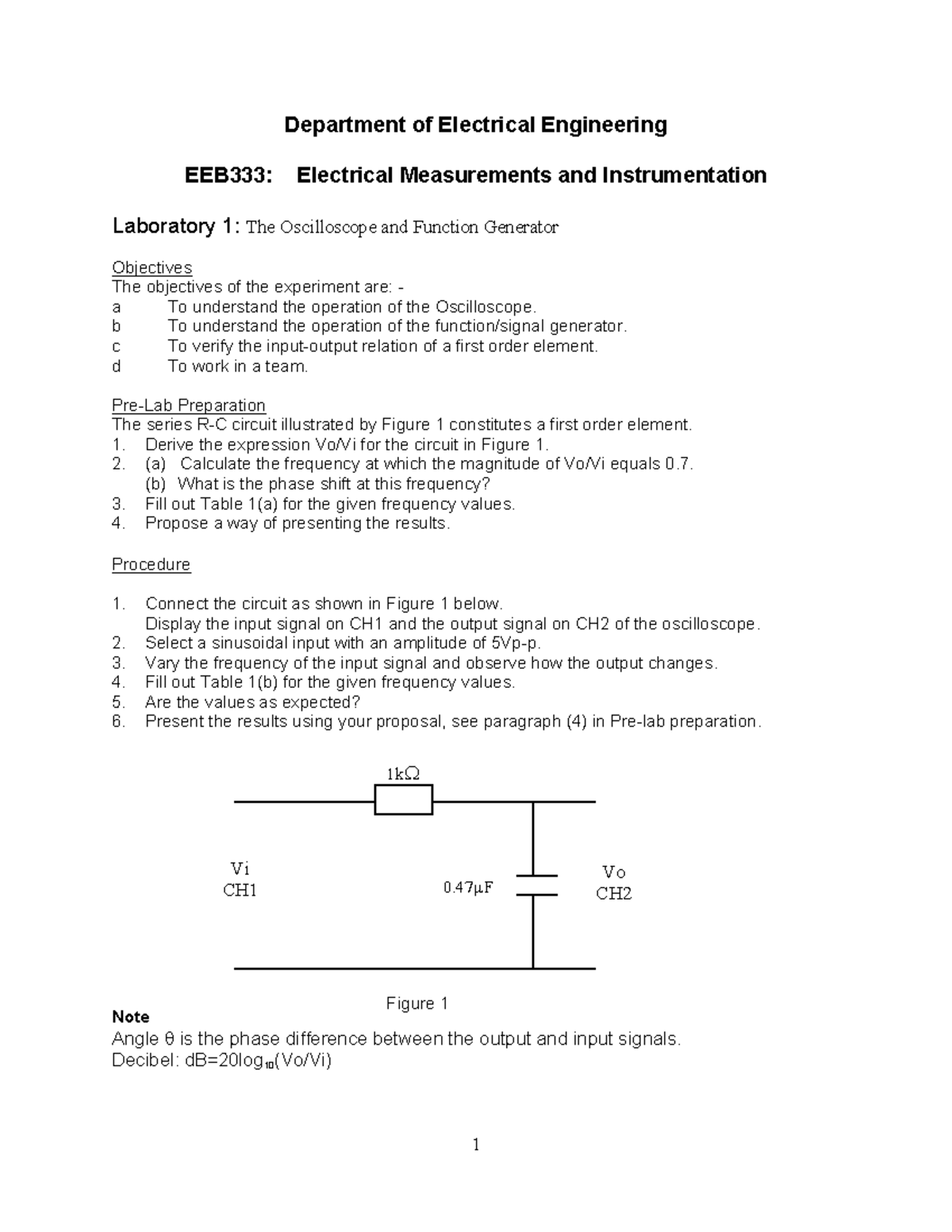 Measurements lab1 - saaadsansnskjs - 1 Department of Electrical Engineering EEB333: Electrical ...