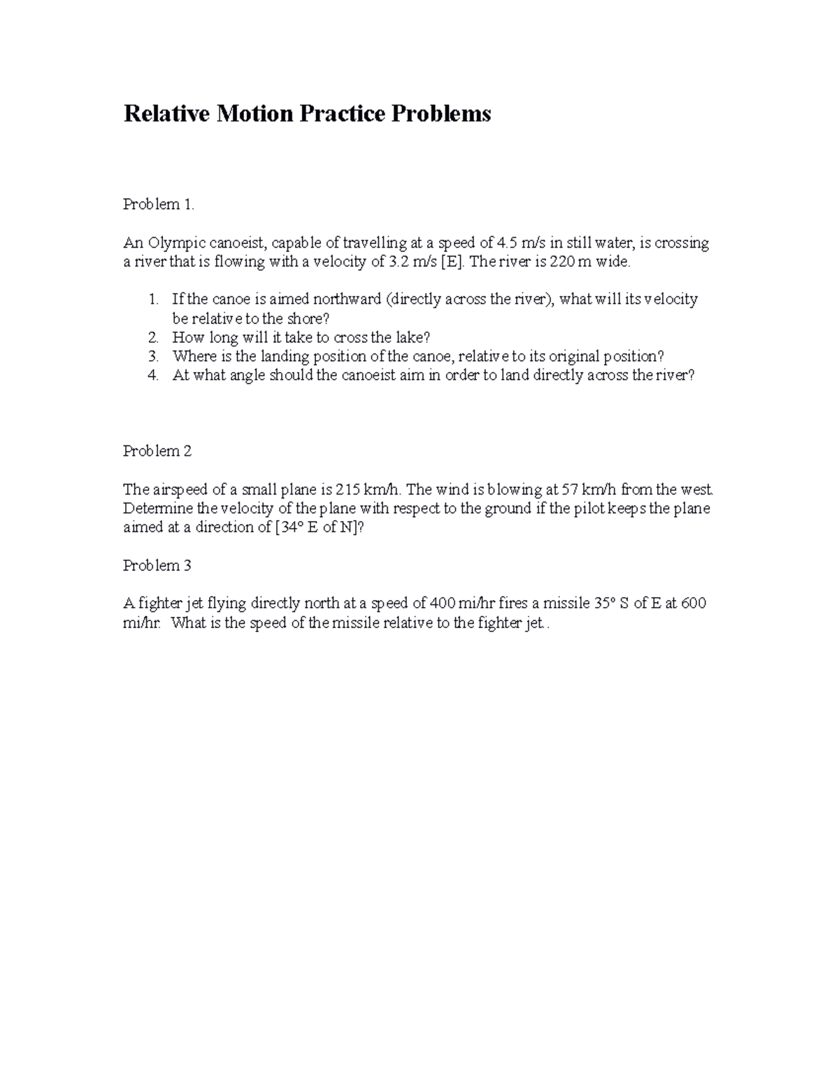 Extra Ch 4 Relative Motion Problems - Relative Motion Practice Problems Problem 1. An Olympic ...