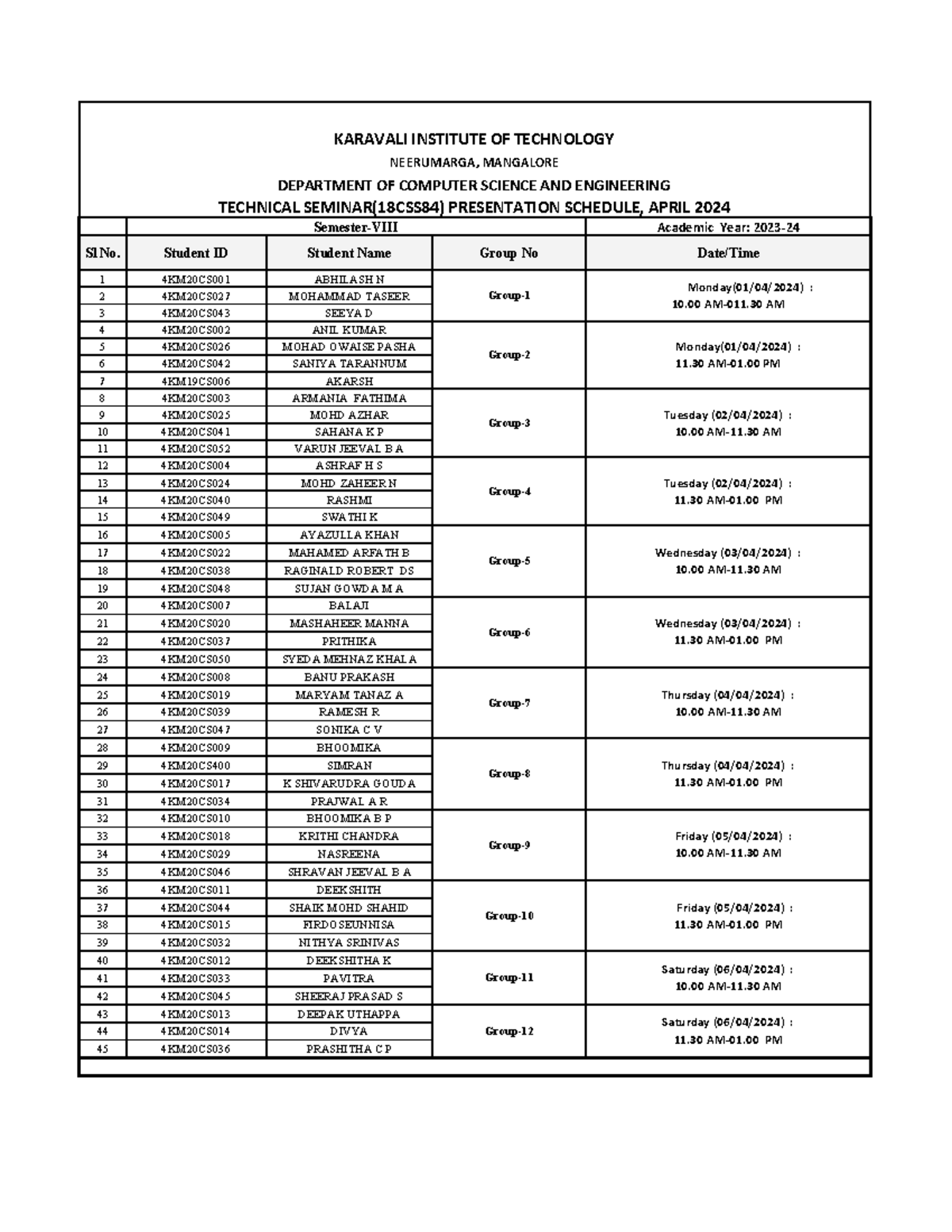 Technical Seminar Presentation Schedule - Academic Year: 2023- 1 ...