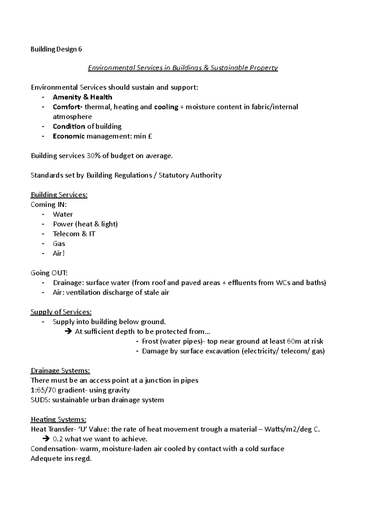 Design 6 - Lecture notes 6 - Building Design 6 Environmental Services ...
