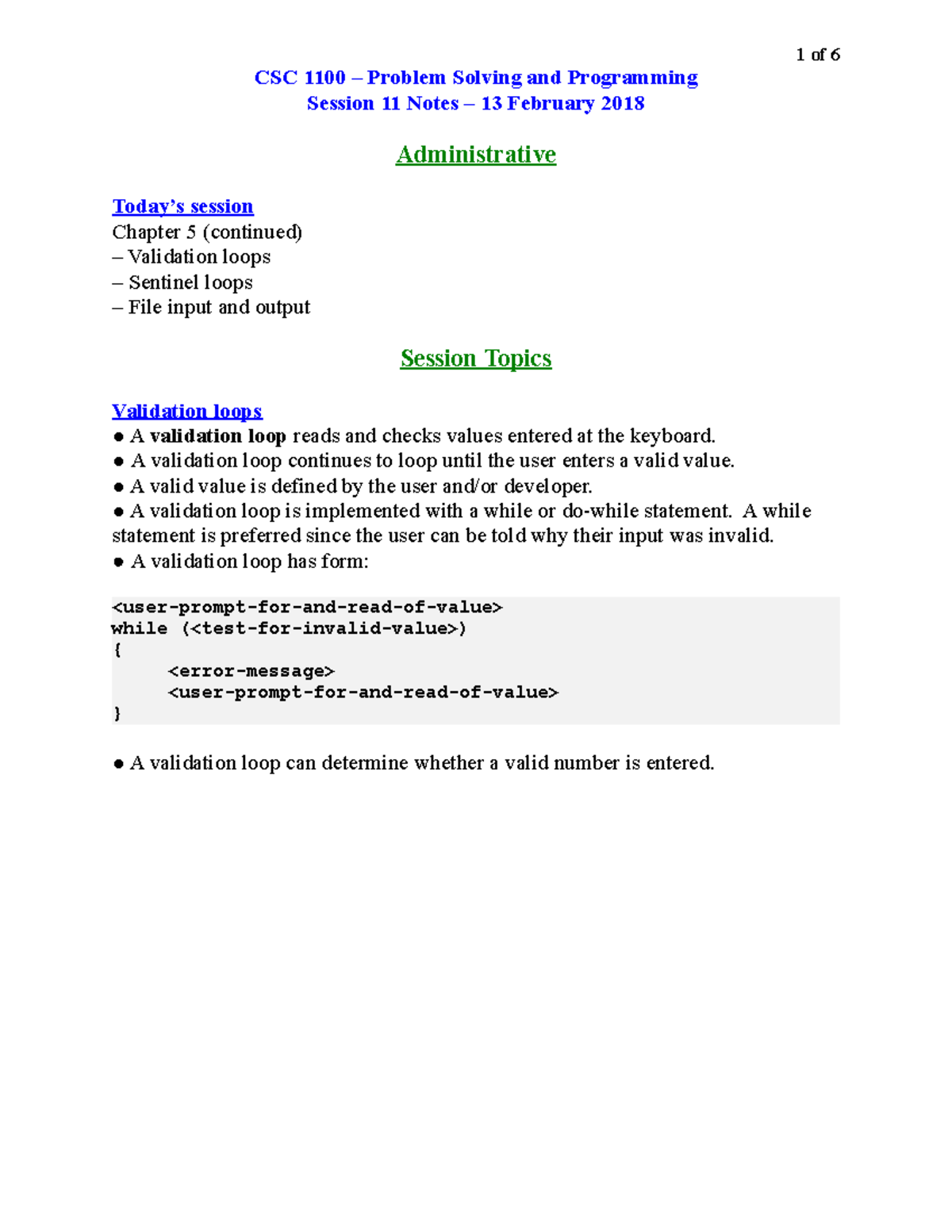 CSC1100 Dan O Session 11Notes 2018 0213( - 1 of 6 CSC 1100 Problem ...