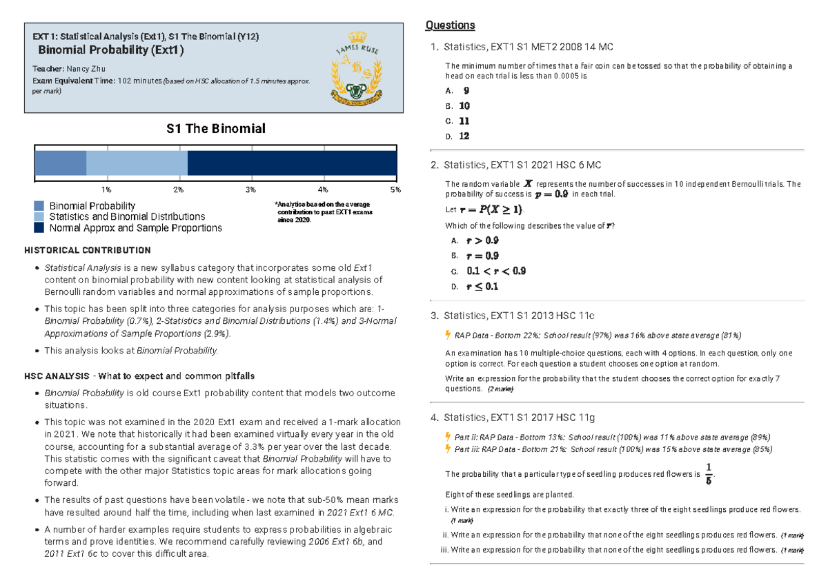 Binomial probability exam style questions - EXT 1: Statistical Analysis ...