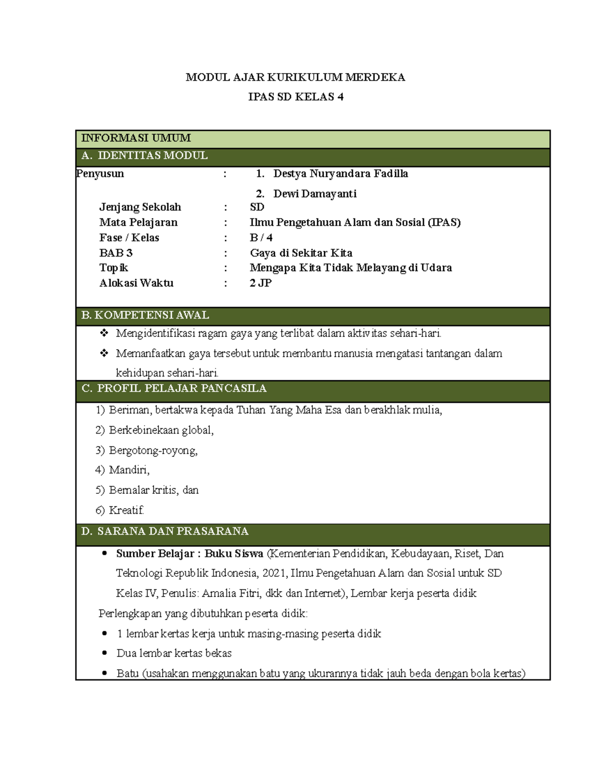 Modul AJAR Kelas 4 - MODUL AJAR KURIKULUM MERDEKA IPAS SD KELAS 4 INFORMASI UMUM A. IDENTITAS ...