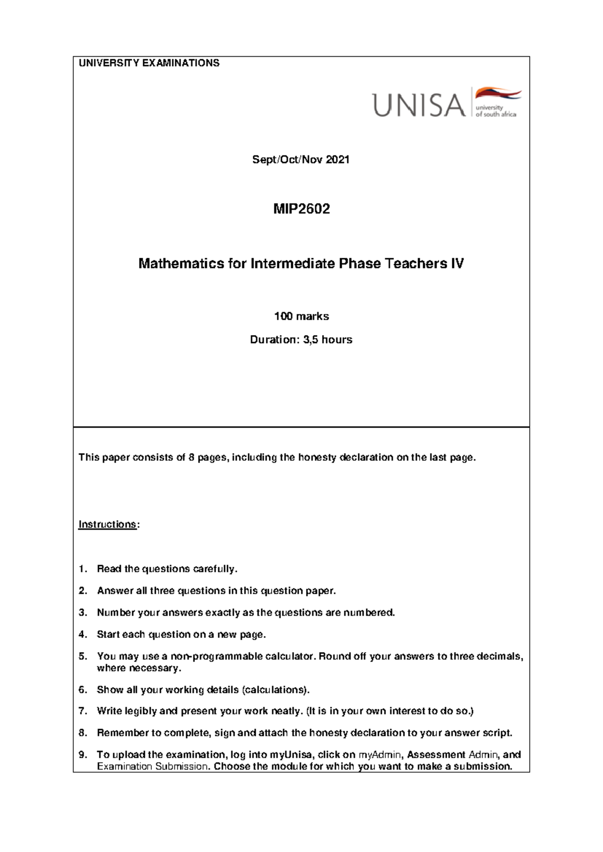 MIP2602 Examination Paper OCT NOV 2021 - UNIVERSITY EXAMINATIONS Sept ...