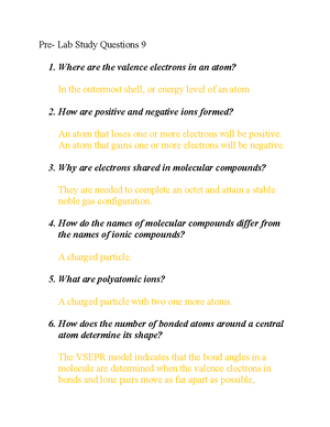 Pre Lab 6 - Chem 124A LAB - Pre-Lab Study Questions 6 Describe the ...