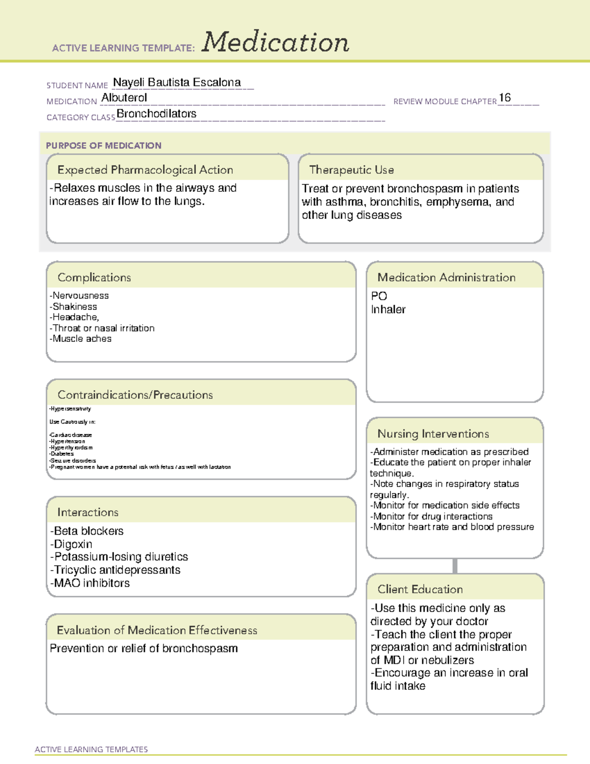 Albuterol - Pharm - ACTIVE LEARNING TEMPLATES Medication STUDENT NAME ...