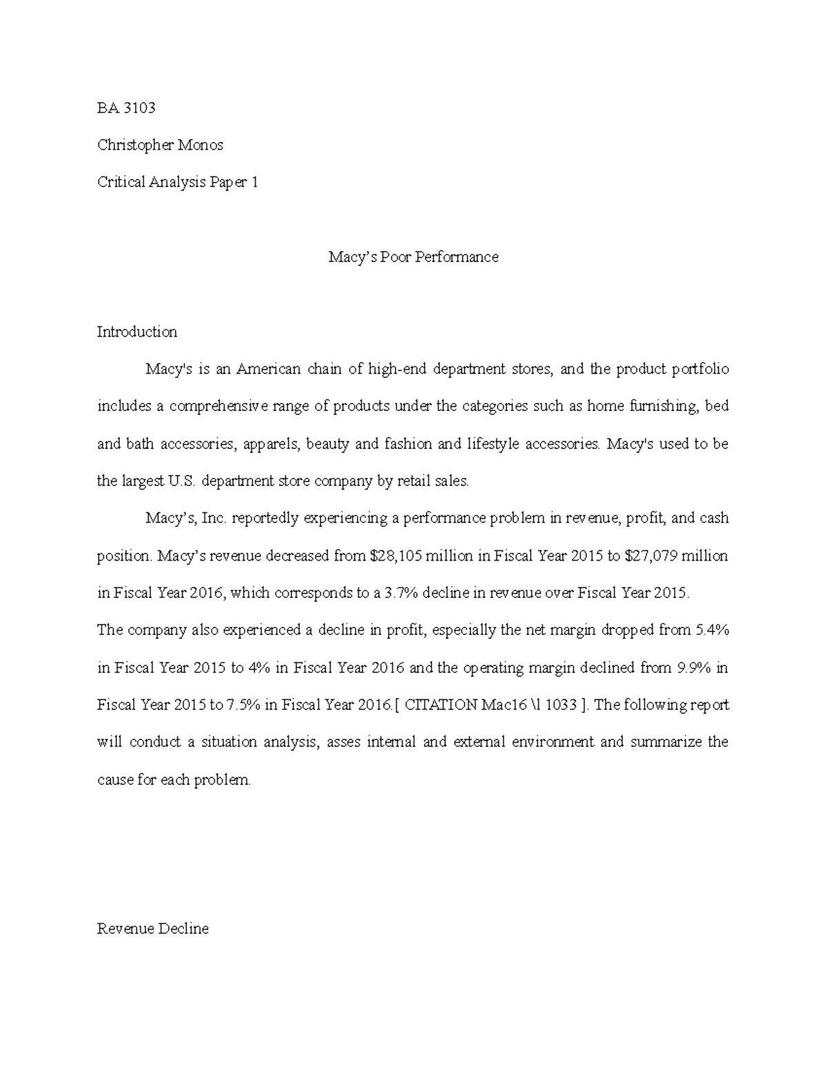 Macy’s Poor Performance - BA 3103 Christopher Monos Critical Analysis ...