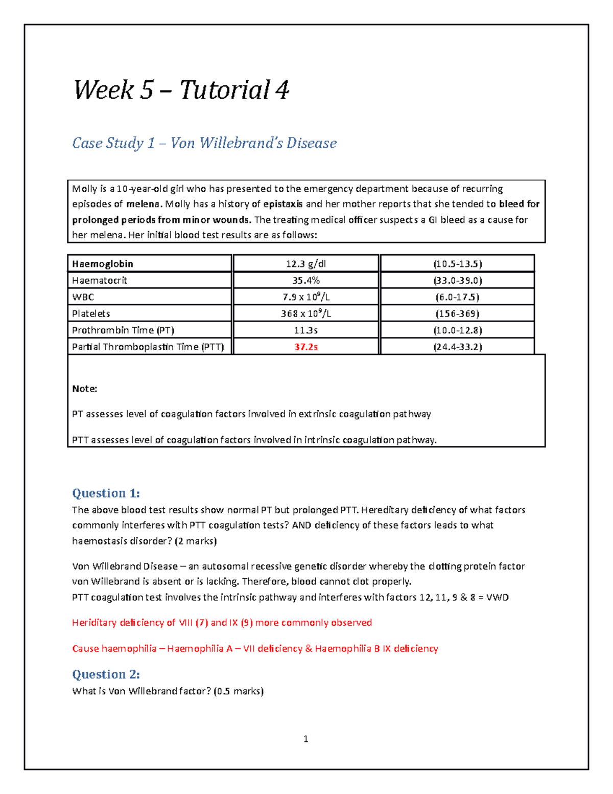 Tut 4 - haematology nursing case scenarios - Week 5 – Tutorial 4 Case Study 1 – Von Willebrand’s ...