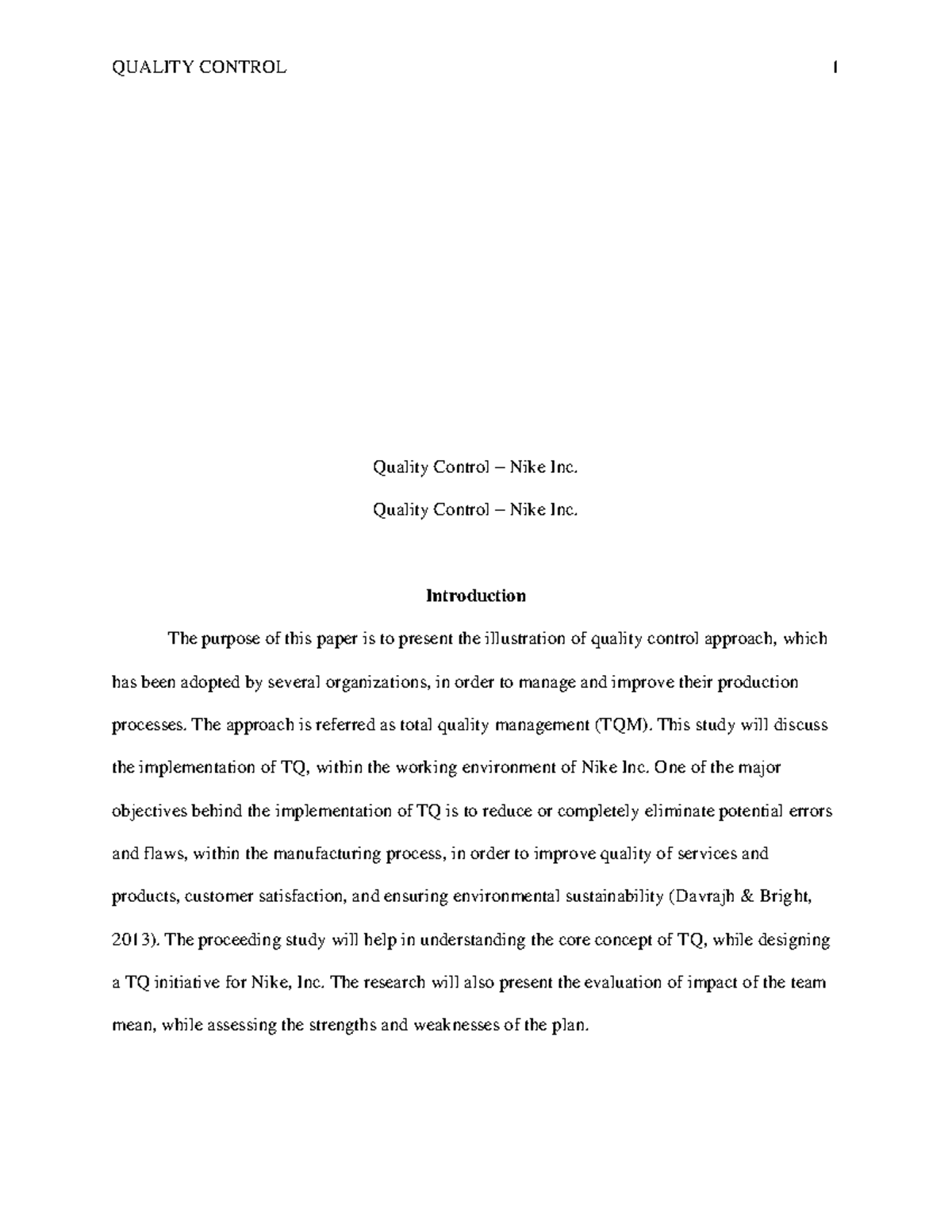 Quality Control – Nike Inc - Quality Control – Nike Inc. Introduction ...