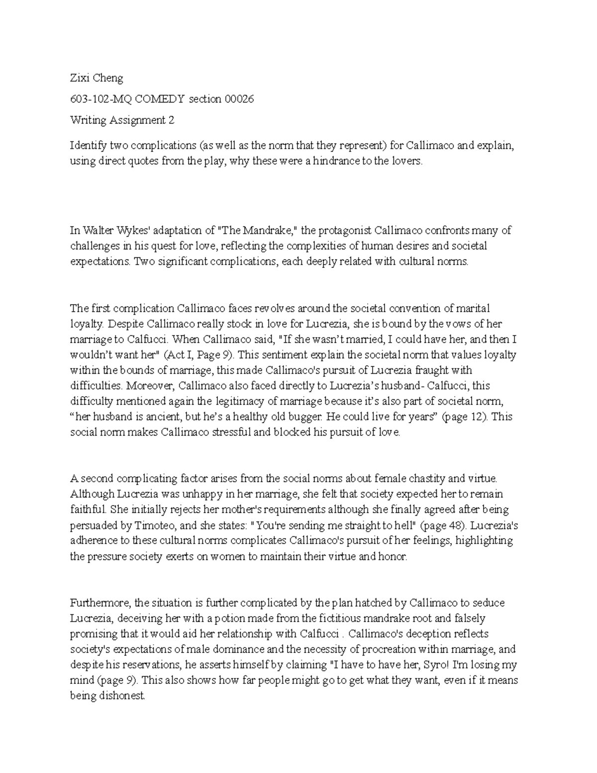 SWA3 - Summative assessment - Zixi Cheng 603-102-MQ COMEDY section 00026 Writing Assignment 2 ...