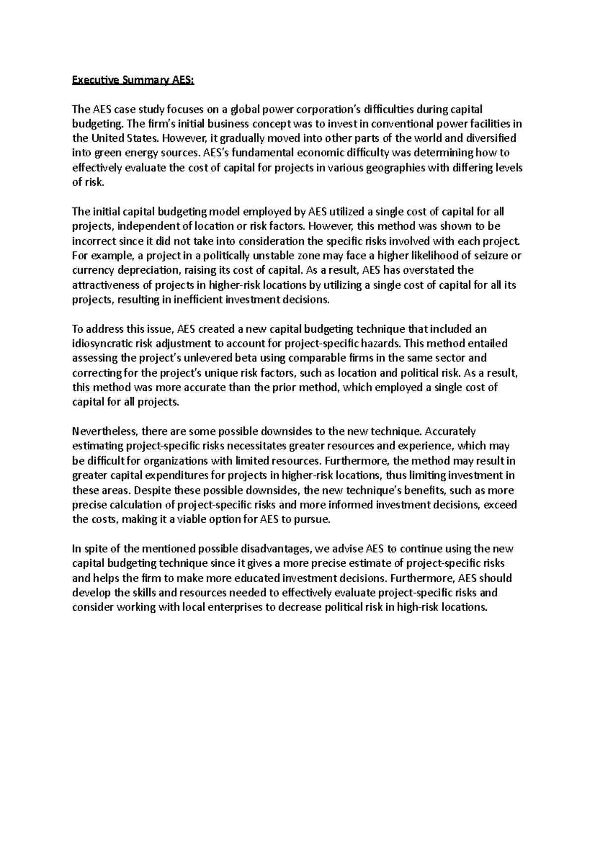 Executive Summary AES - Executive Summary AES: The AES case study ...