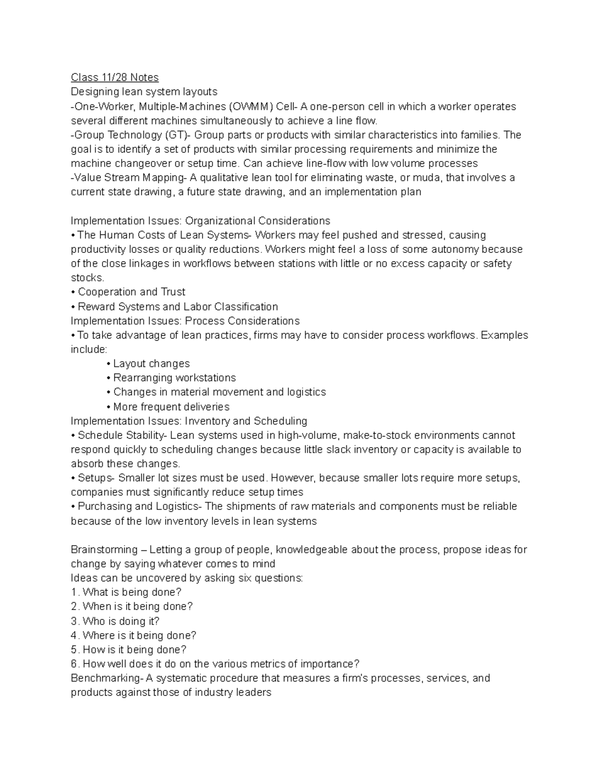 Week 14 Notes - Class 11/28 Notes Designing lean system layouts -One ...