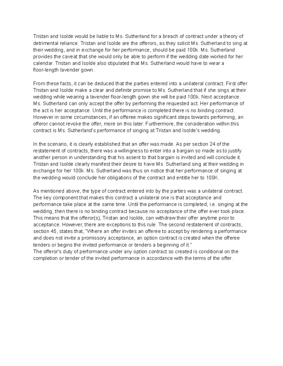 Contracts Draft Response - Tristan and Isolde would be liable to Ms ...