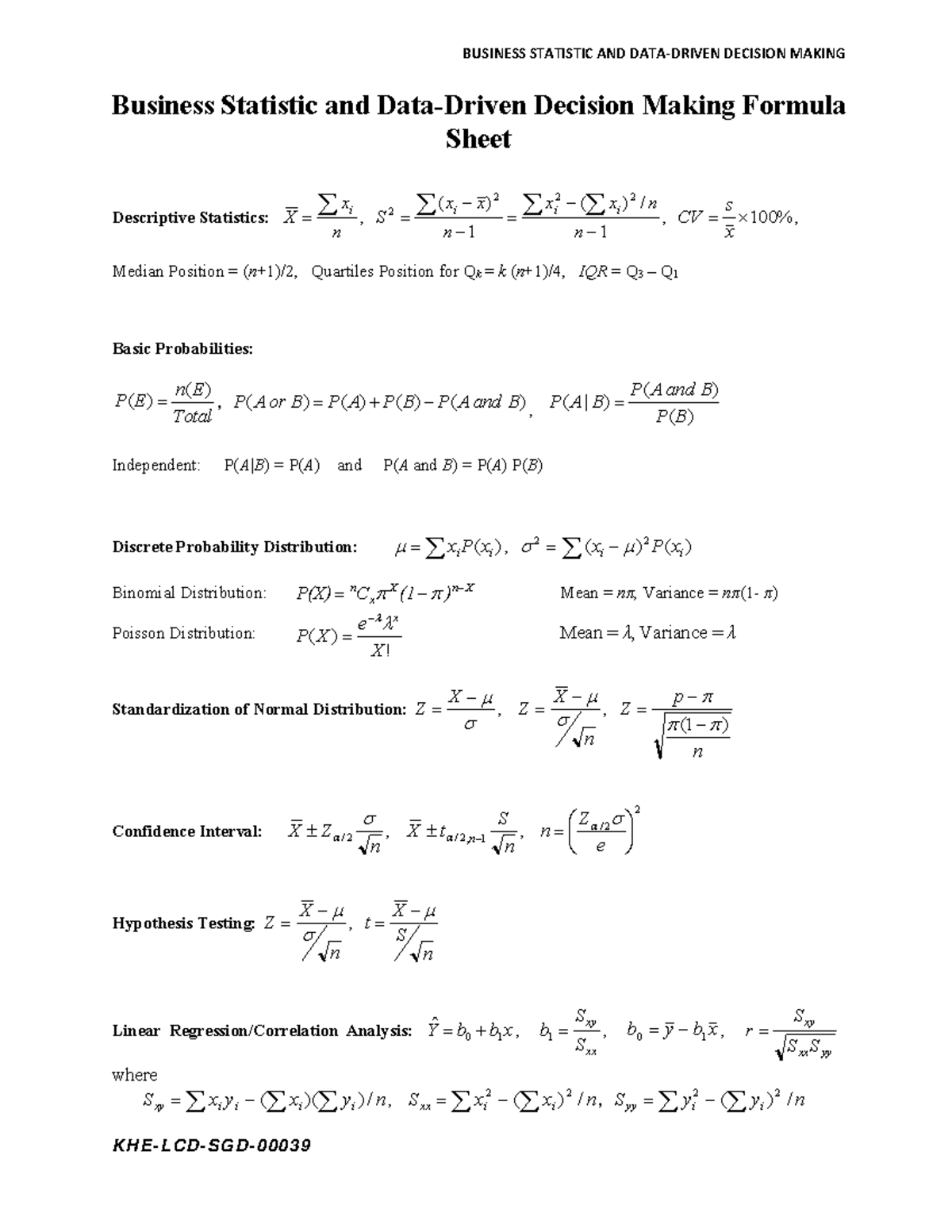 Formula & Stats Table - Business Statistic and Data-Driven Decision ...