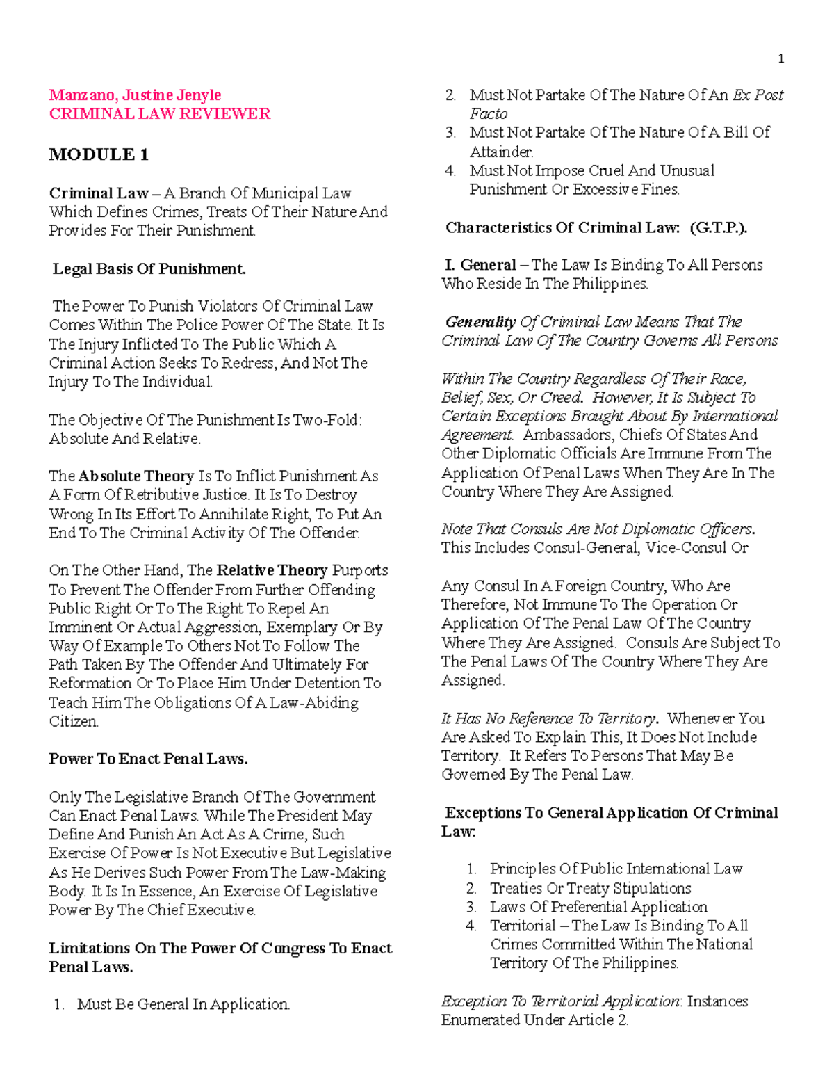 Criminal-Law-1-Reviewer - Manzano, Justine Jenyle CRIMINAL LAW REVIEWER MODULE 1 Criminal Law ...