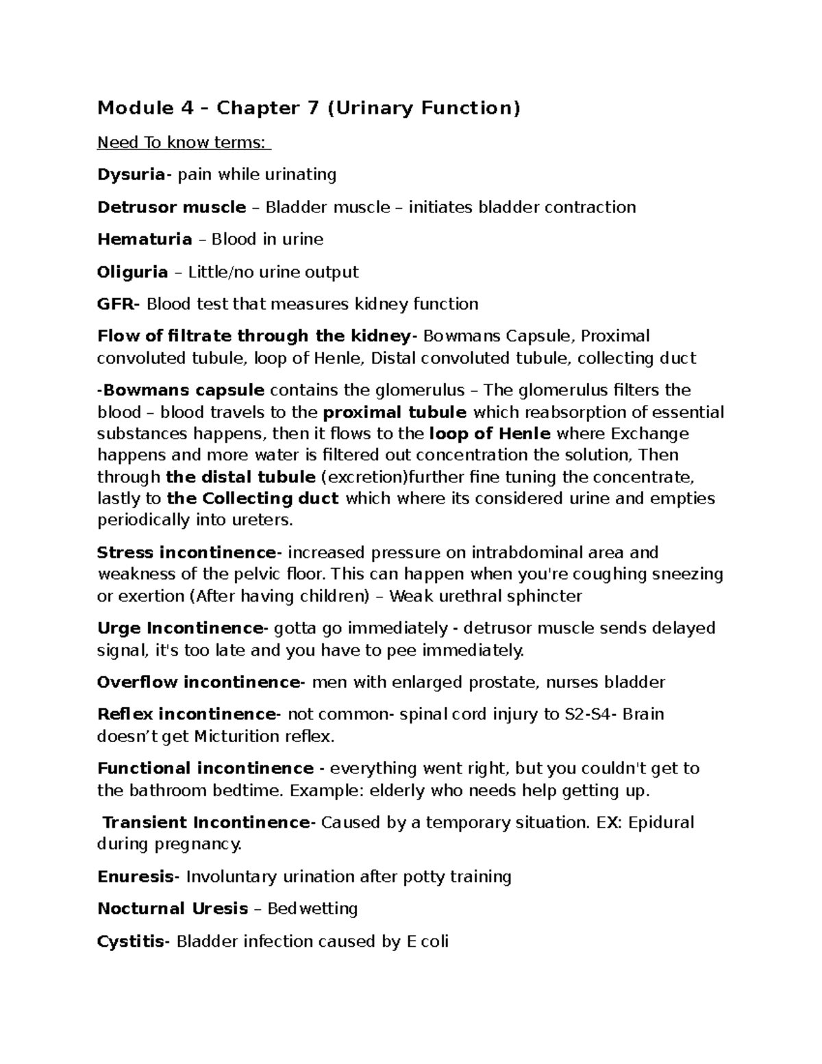 Exam 2 study guide - Module 4 – Chapter 7 (Urinary Function) Need To ...