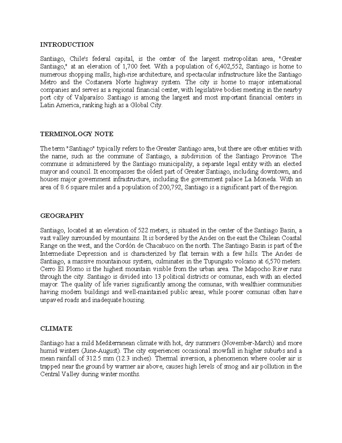 Background OF Santiago - INTRODUCTION Santiago, Chile's federal capital ...