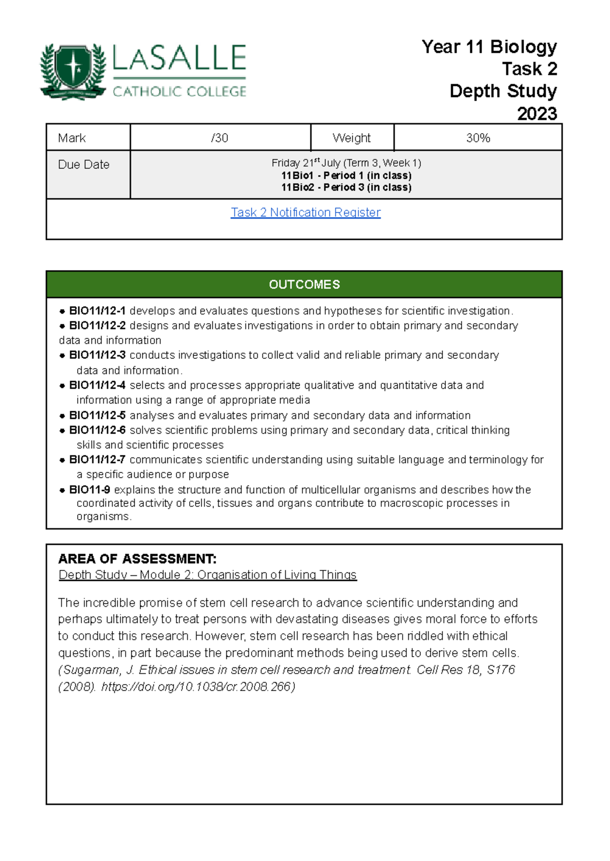 Year 11 Biology 2023 Task 2 Notification (1) - Year 11 Biology Task 2 ...