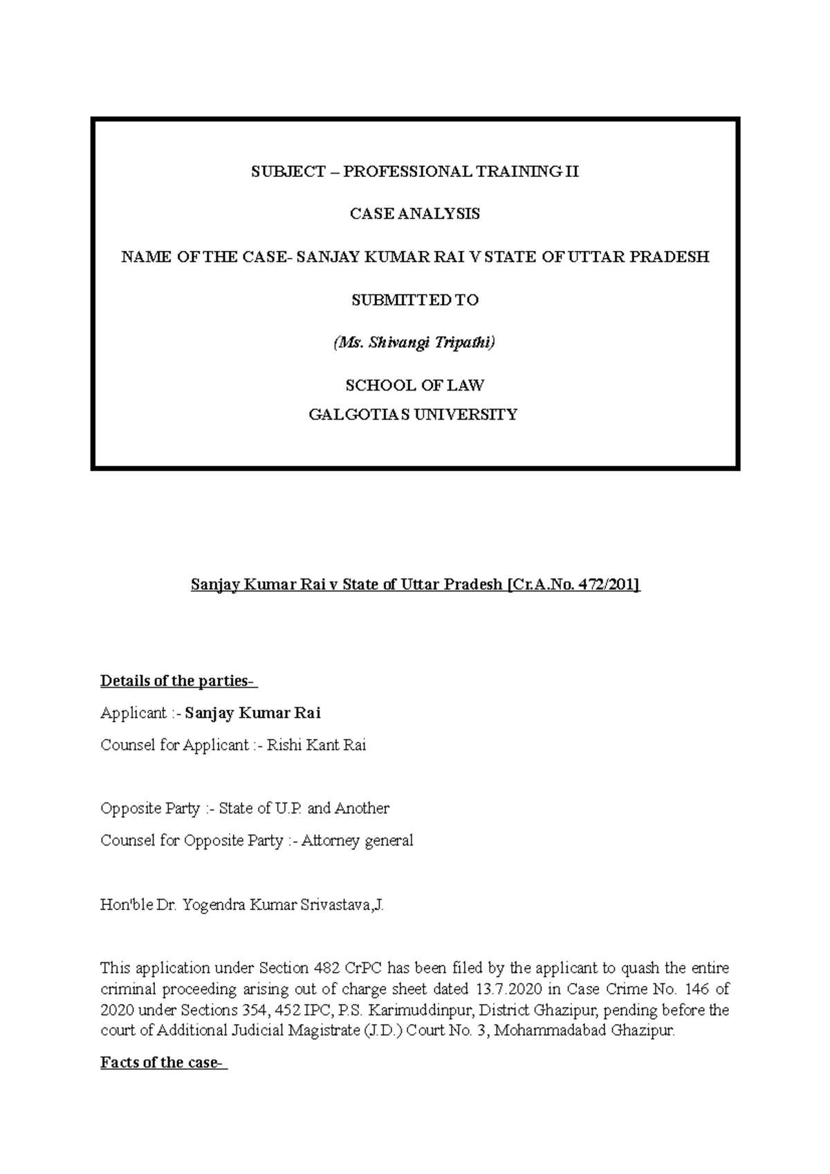 Sanjay Kumar RAI V State OF Uttar Pradesh case analysis - SUBJECT ...