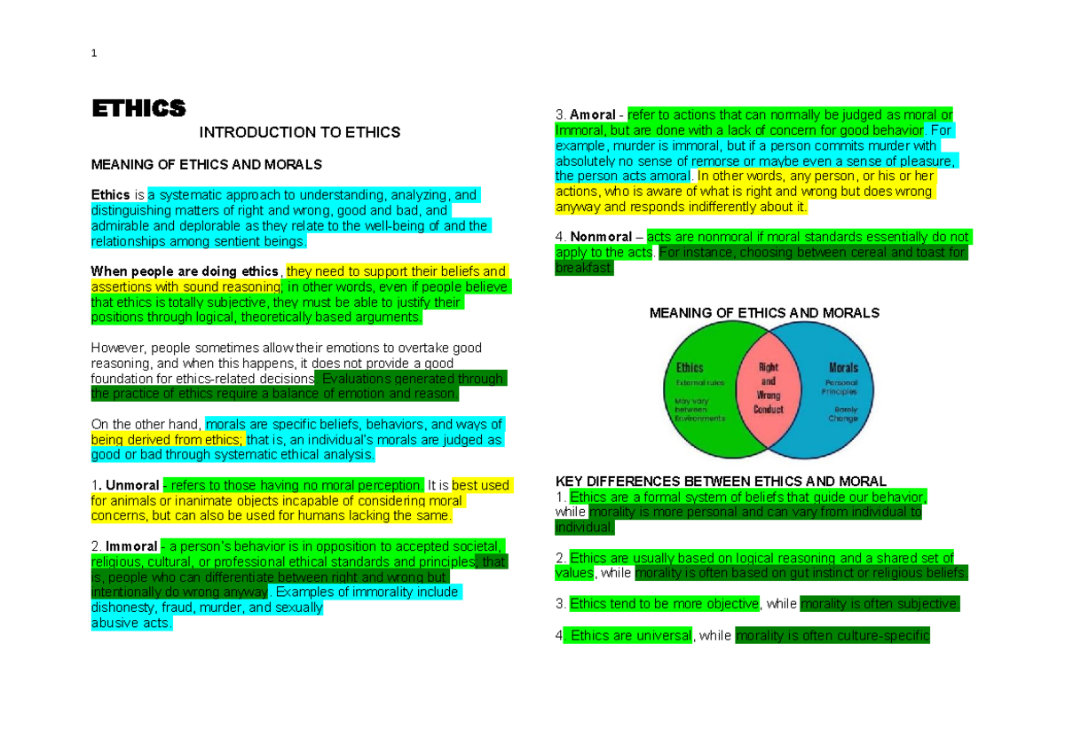 Ethics- Reviewer - ETHICS INTRODUCTION TO ETHICS MEANING OF ETHICS AND ...