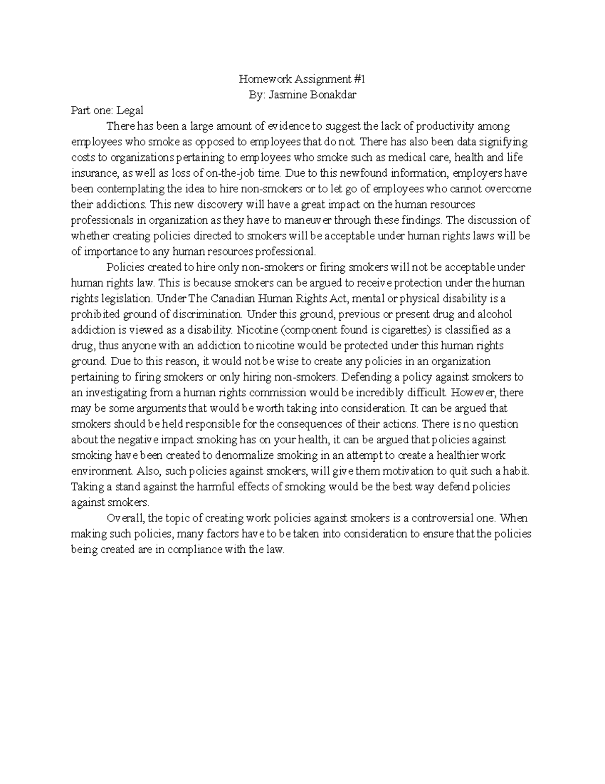 Assignment 1 HRM 4005 - Homework Assignment # By: Jasmine Bonakdar Part ...