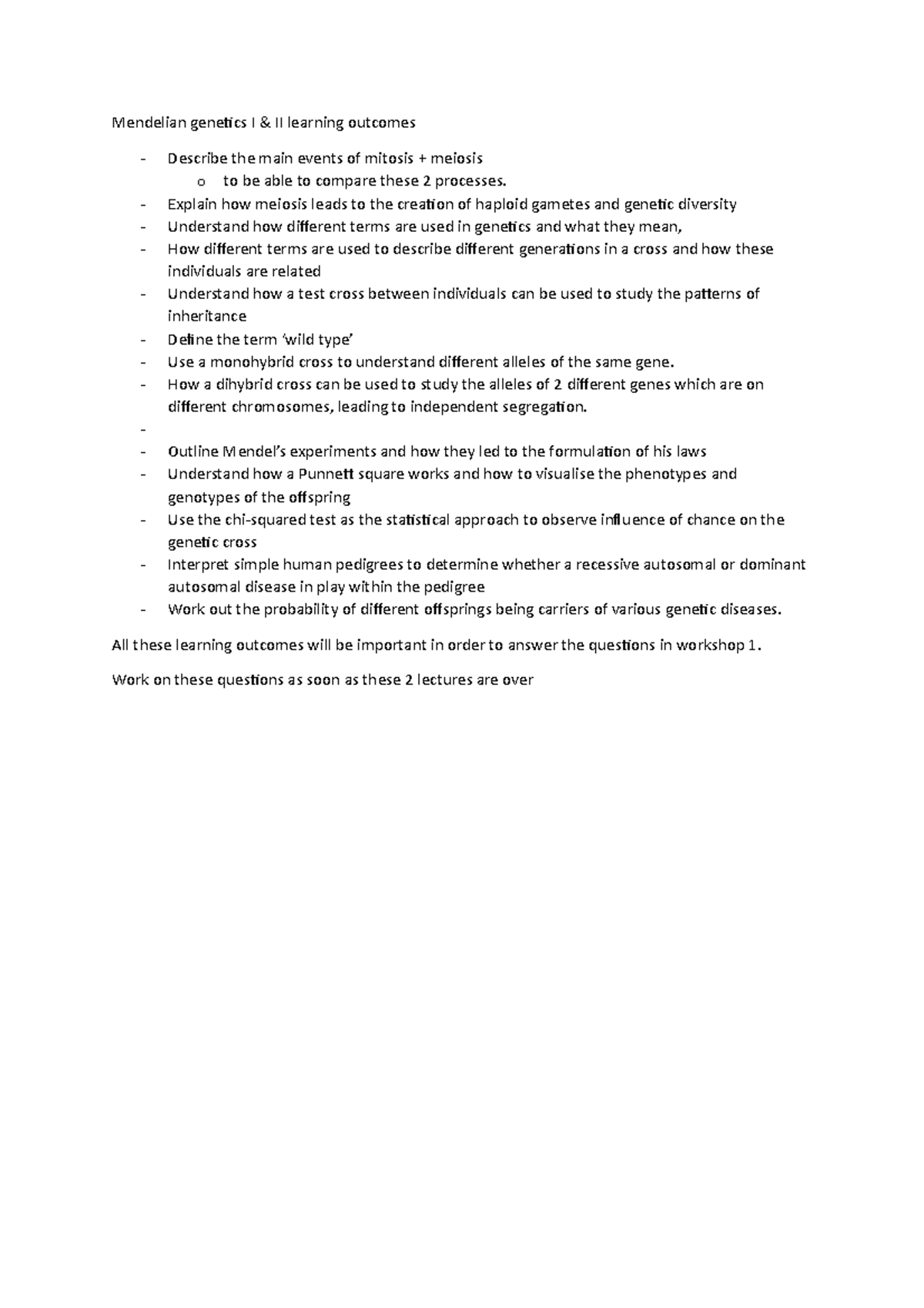 Learning outcomes L2 + 3 - Mendelian genetics I & II learning outcomes ...