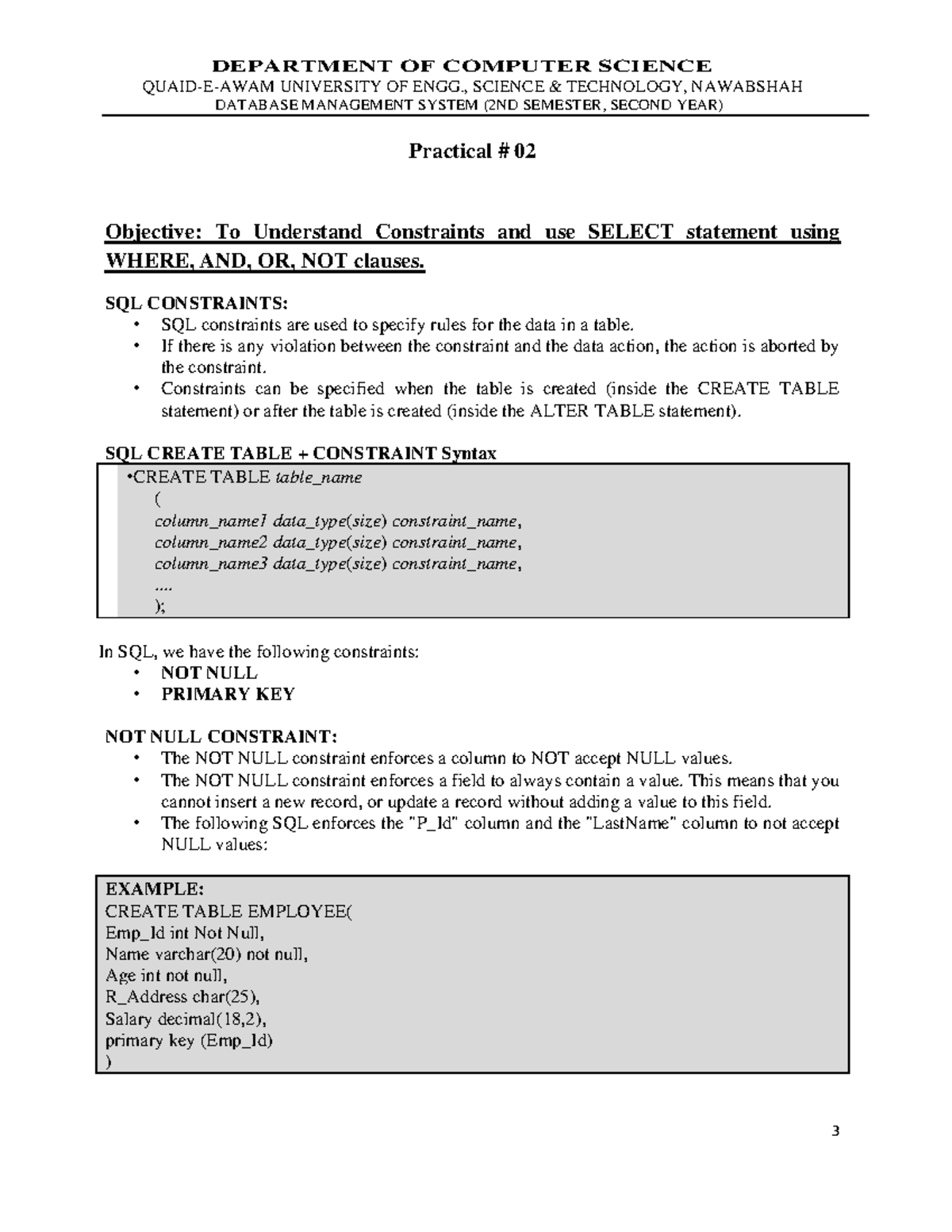 Lab-2 - data base introductions - QUAID-E-AWAM UNIVERSITY OF ENGG., SCIENCE & TECHNOLOGY, - Studocu